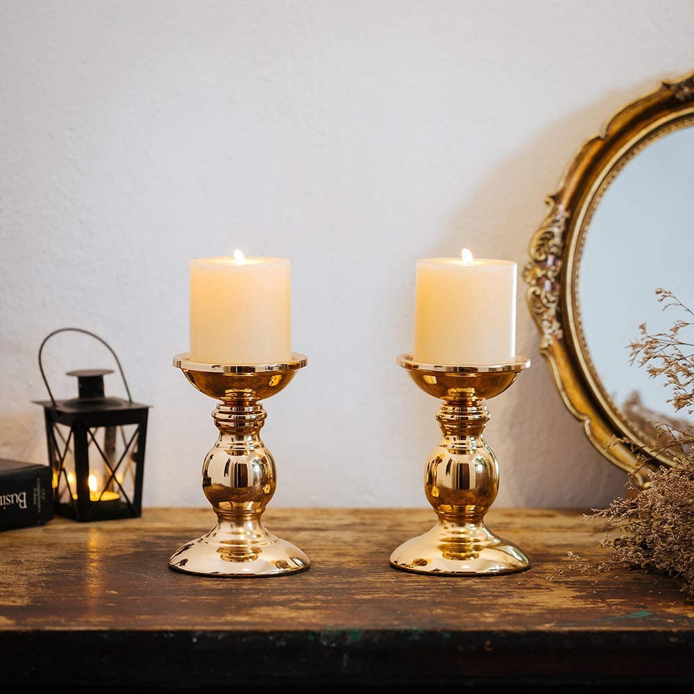 TRH-Set of 2 Gold Candlestick Metal Pillar Candle Holders for 3 inches ...