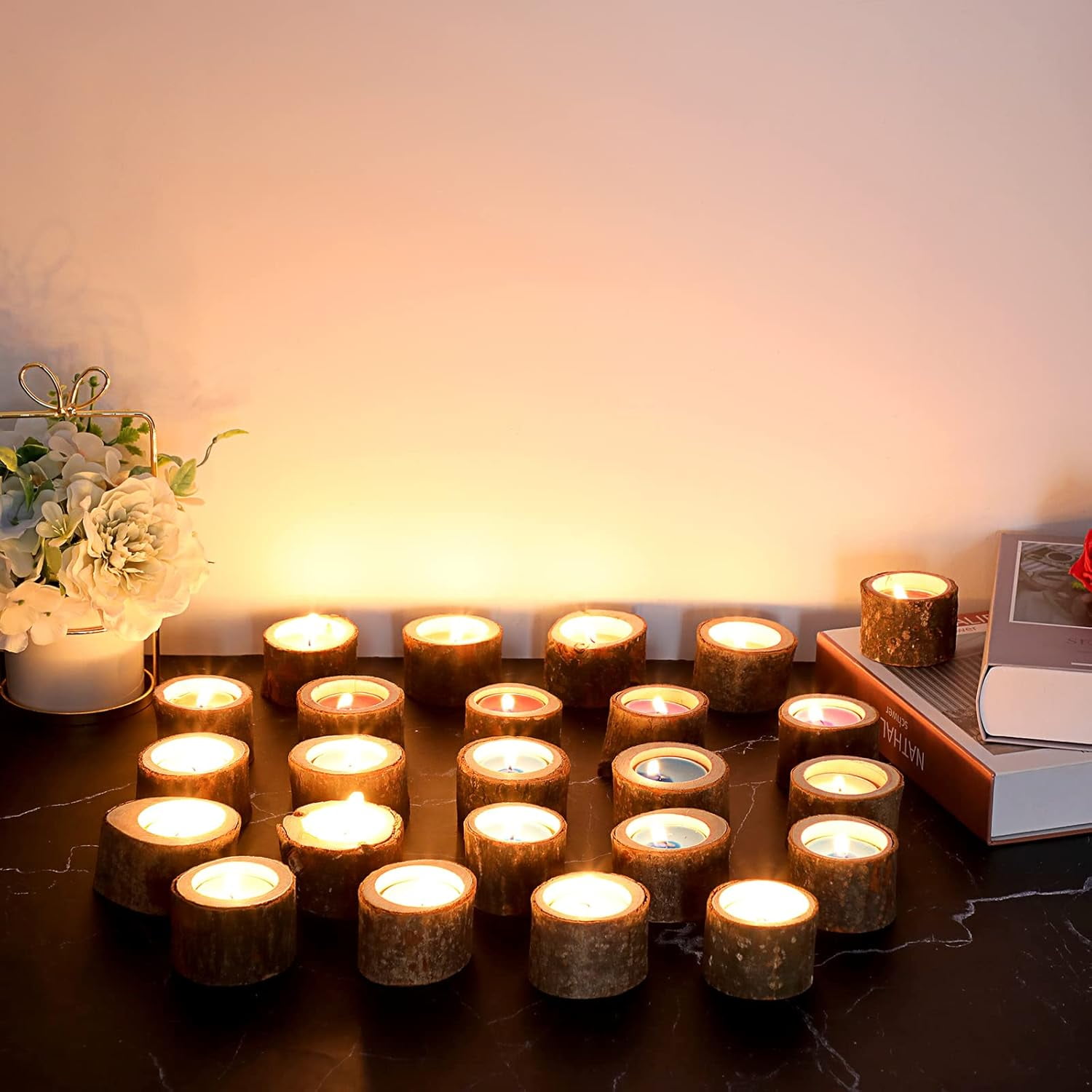 TRH-Set of 24 Wooden Tea Light Candle Holders Votive Candle Holders, Rustic Wooden Pillar Candle ...