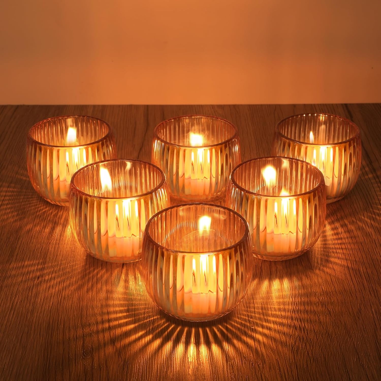 TRH-Set of 6 Ribbed Glass Votive Candle Holders, Gold Glass Tealight ...