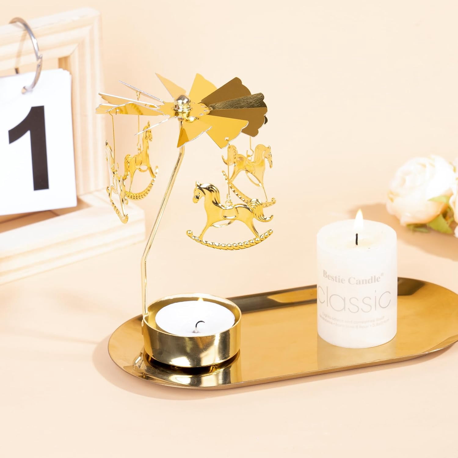 TRH-Spinning Candle Holder, Gold Tea Lights Candle Holder Carousel ...