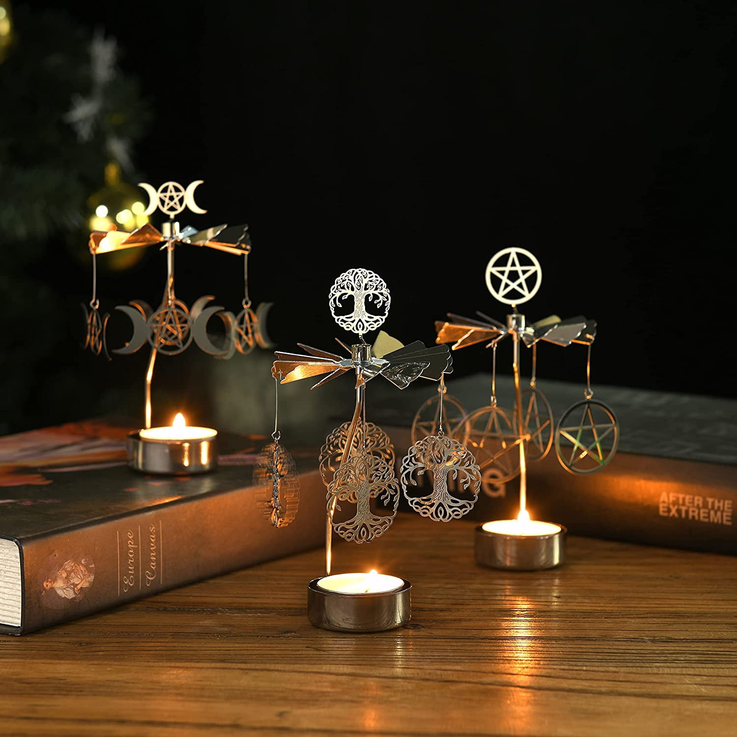 TRH-Spinning Tea Light Candle Holder, Silver Tree of Life Carousel ...