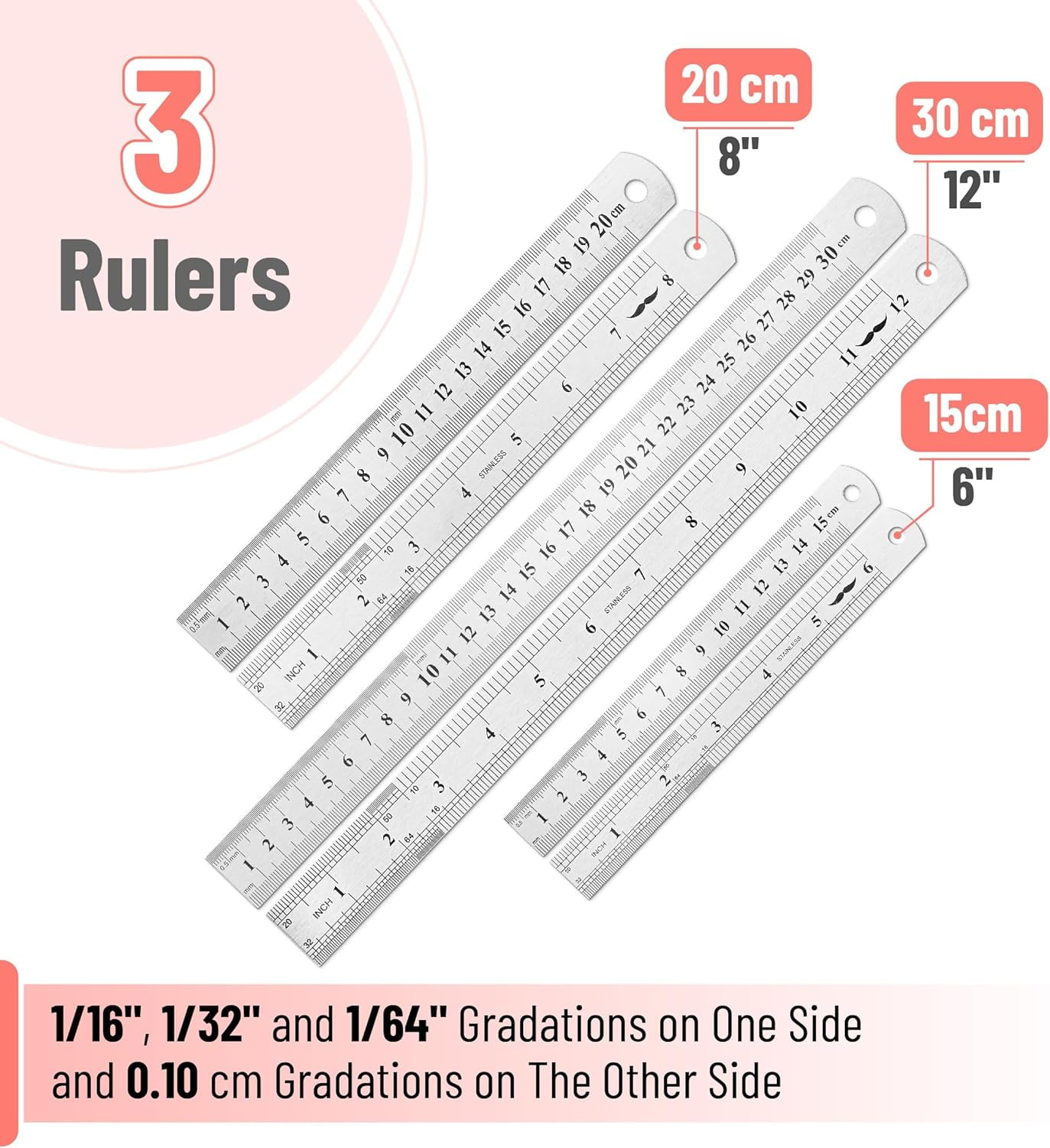 TRH-- Stainless Steel Rulers, 3 pcs, 6", 8" & 12", 6 Inch Ruler Metal ...