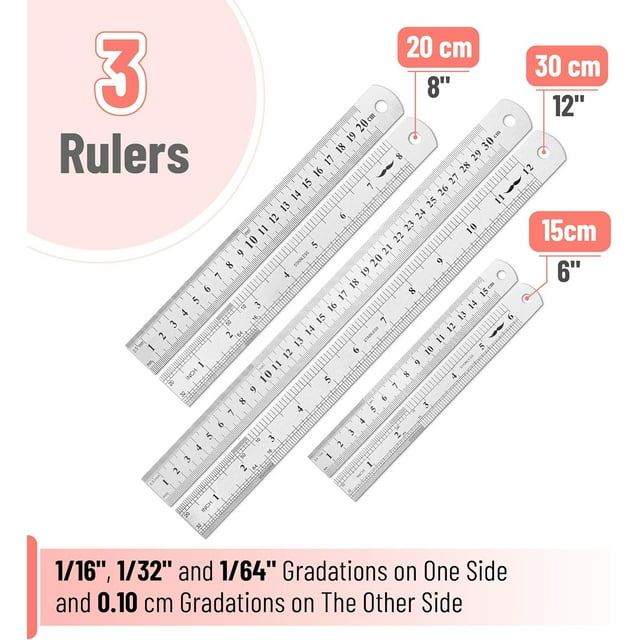 TRH-- Stainless Steel Rulers, 3 pcs, 6", 8" & 12", 6 Inch Ruler Metal ...