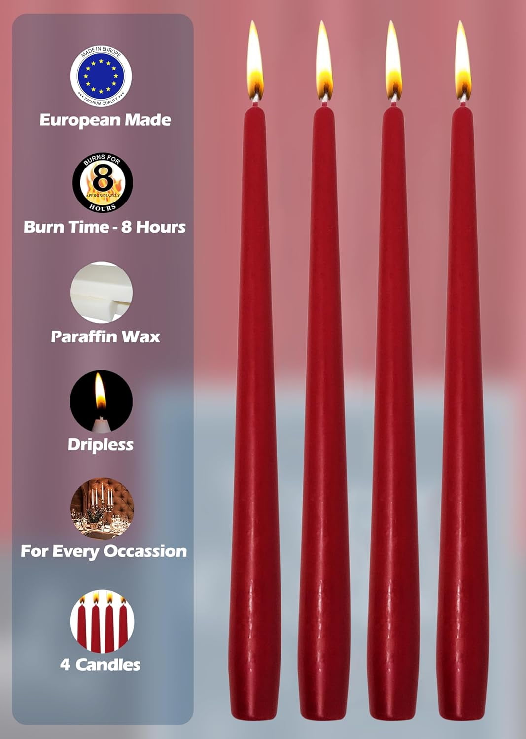 TRH-Tall Taper Candles - 10 Inch Cherry Red Unscented Dripless Taper ...