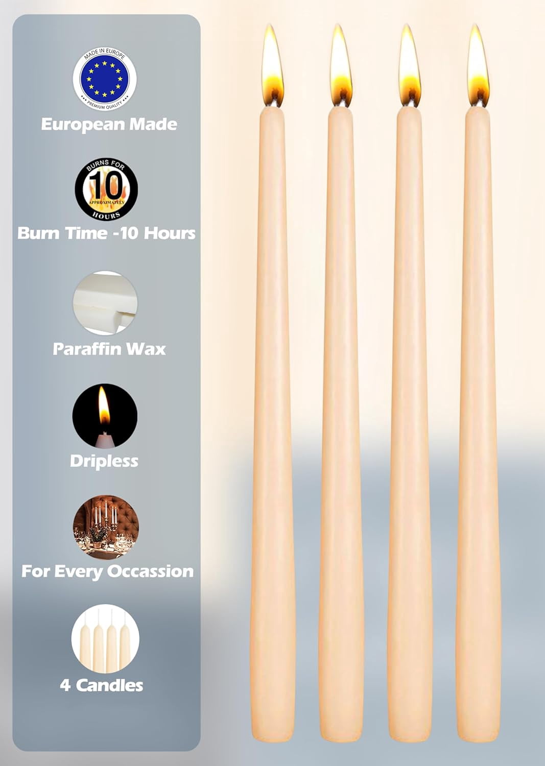 TRH-Tall Taper Candles - 12 Inch Cream Unscented Dripless Taper Candles ...