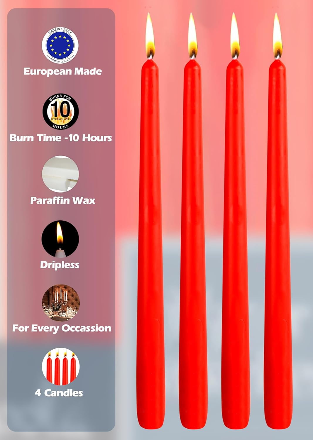 TRH-Tall Taper Candles - 12 Inch Red Unscented Dripless Taper Candles ...