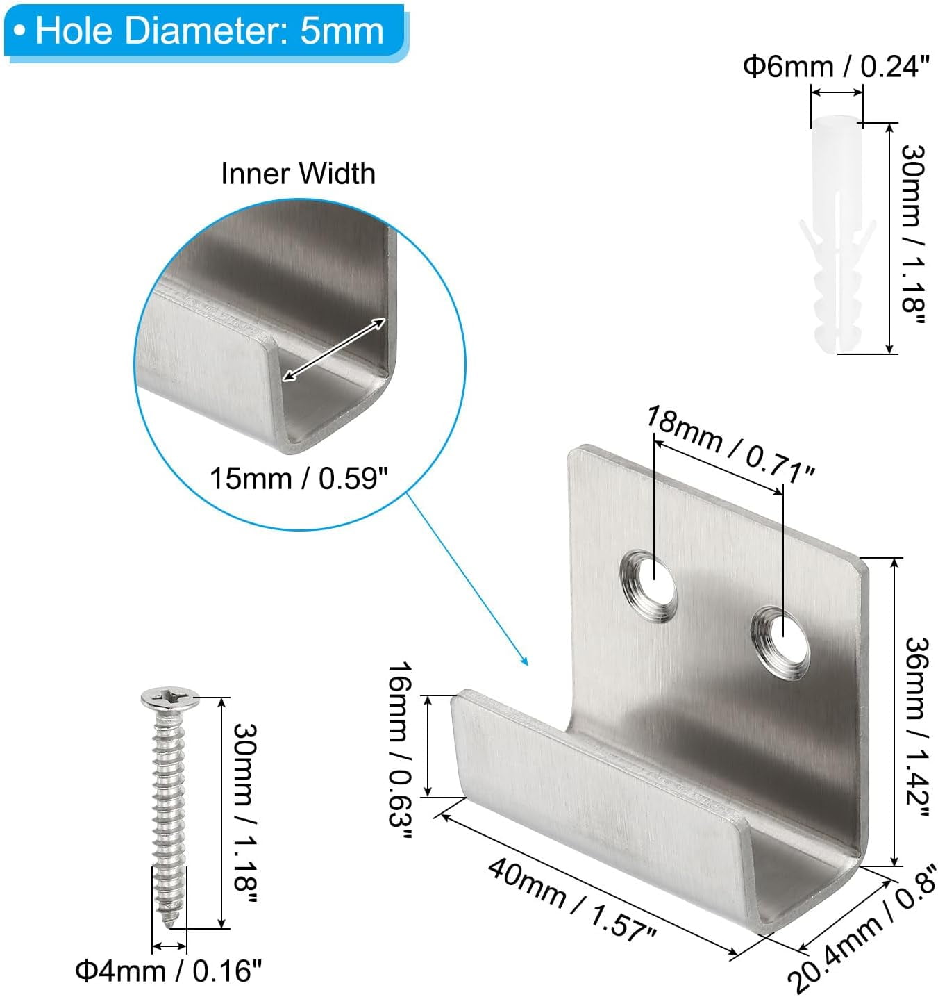 TRH-Tile Hanger Bracket 1.6x1.4"", 6 Set U Wall Mounted Mirror Clips Fastener Stainless Steel ...
