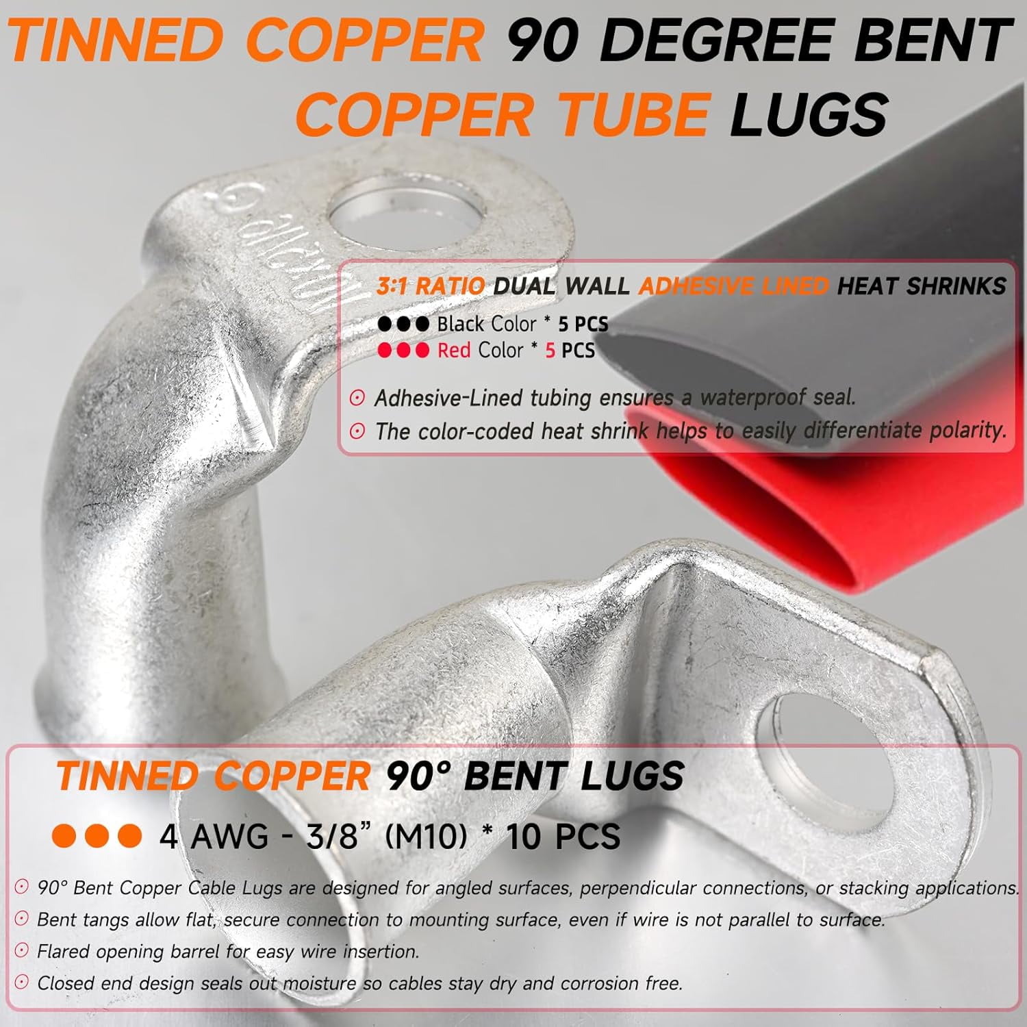 TRH-Tinned Copper Cable Lugs 10pcs 4 AWG-3/8 90 Degree Bent Battery ...