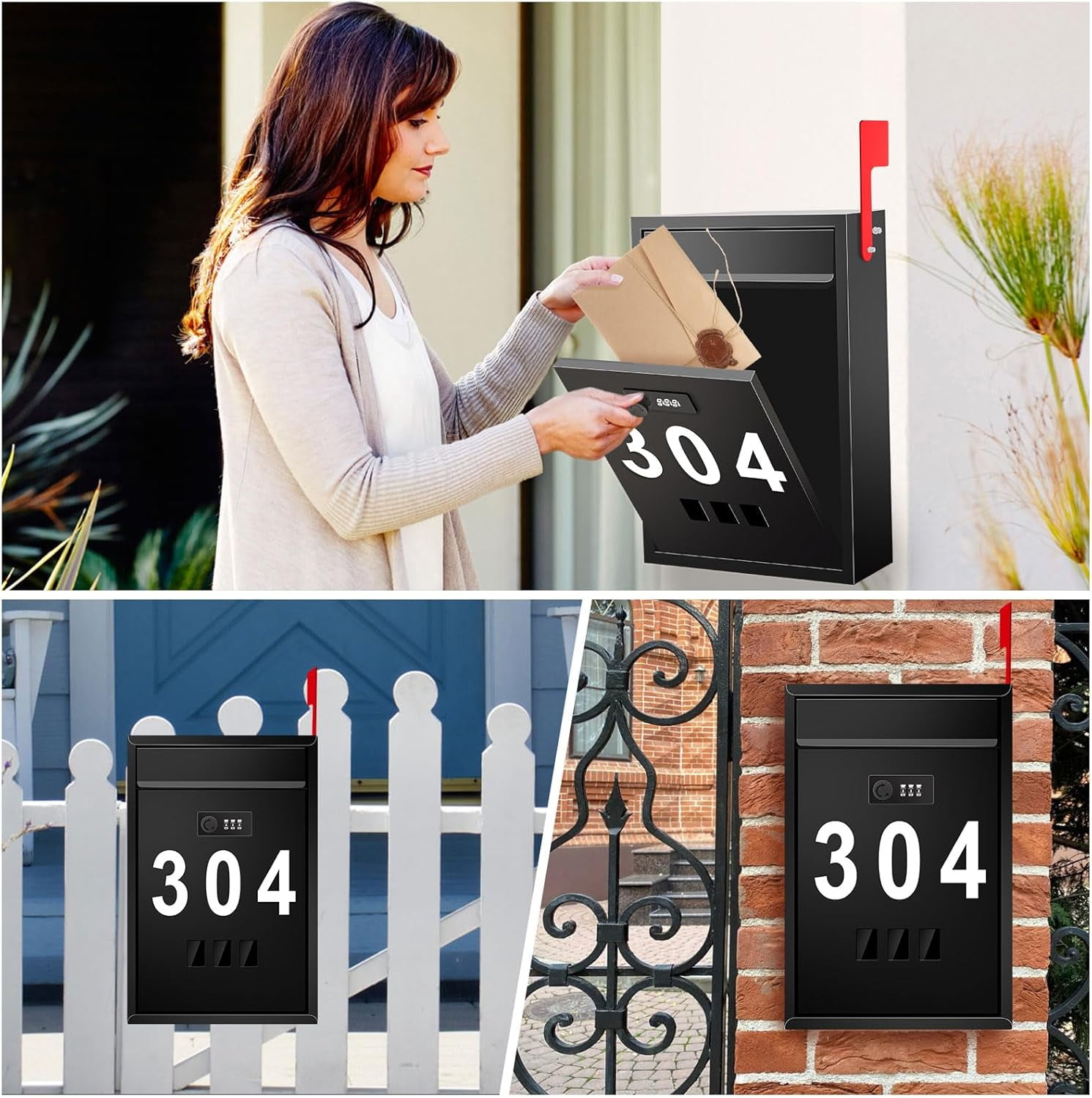 TRH-Wall Mount Mailbox for Outside, Locking Mailbox with Flag, Large ...