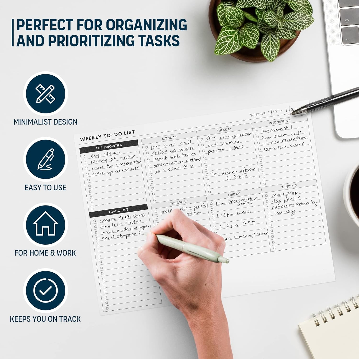 TRH-Weekly Planner Pad: To Do List Desk Notepad with Multiple Sections 8.5x11" 52 Sheets Undated ...