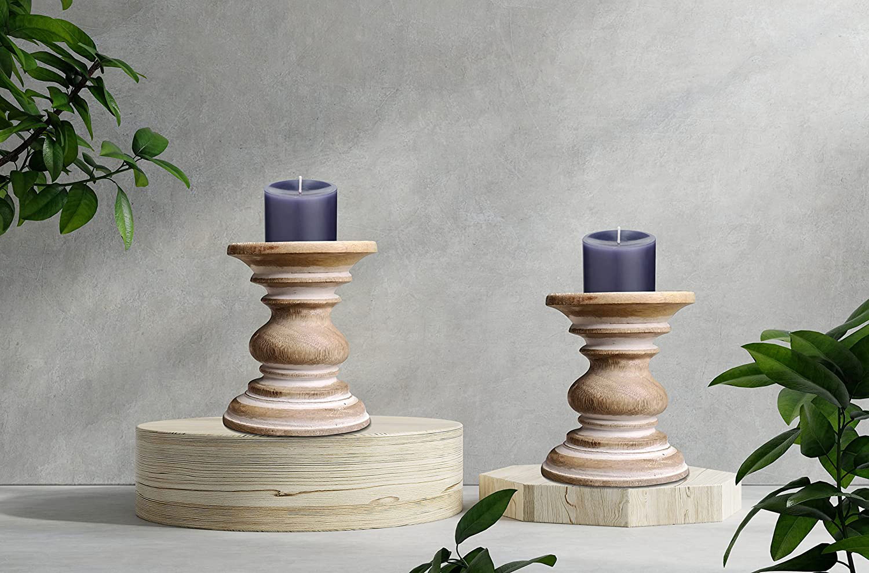 TRH-Wooden Candle Holders (Set of 2) - Tall Farmhouse Pillar Stands ...