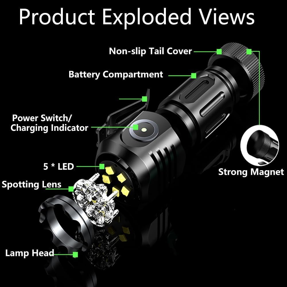 TRH-X65 Mini LED Flashlight Type C USB Rechargeable Bright 5 LED Light ...