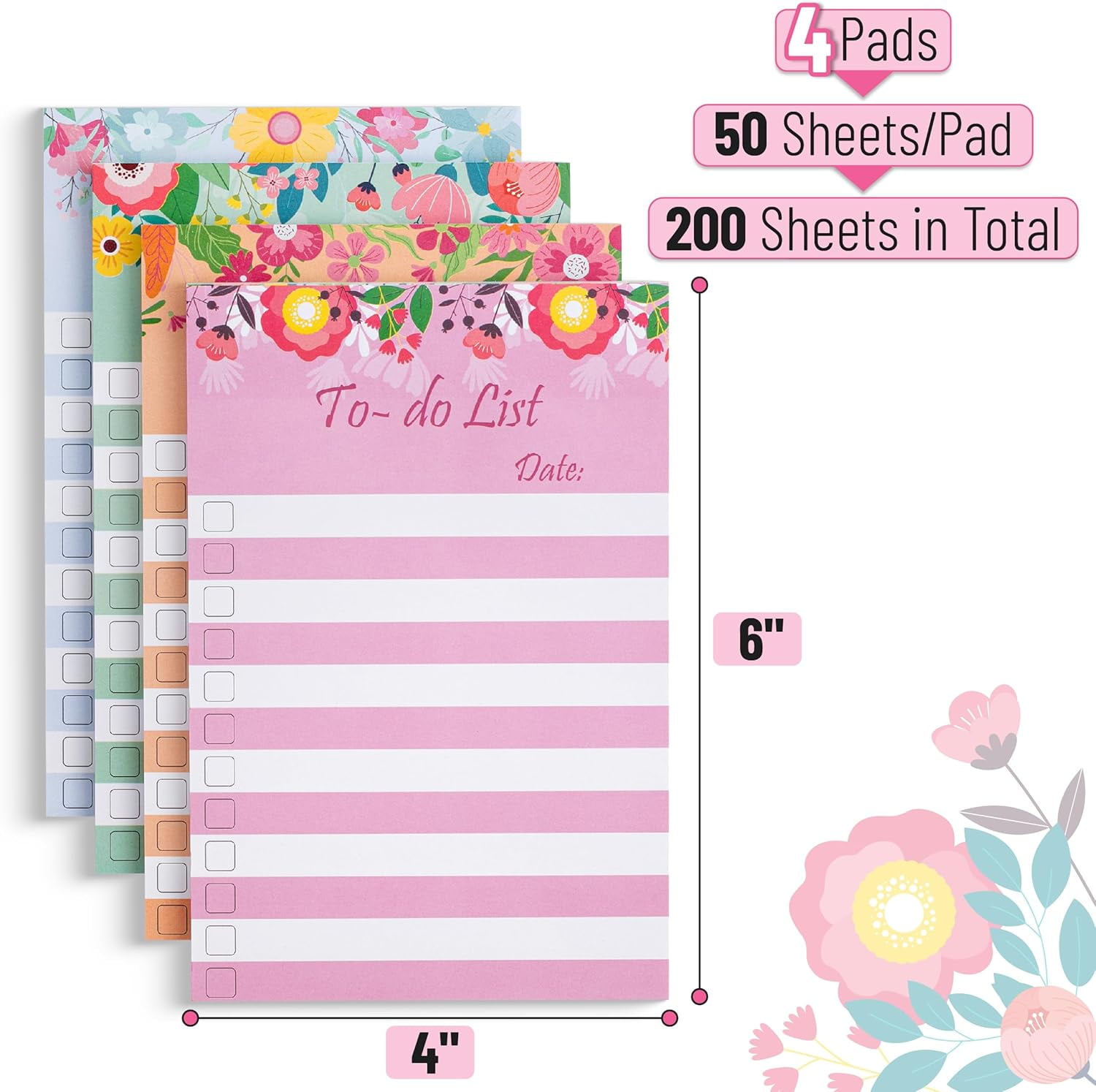TRH-to Do List Sticky Notes, 4"x6", 4 Pads, 200 Sheets, Floral Style ...