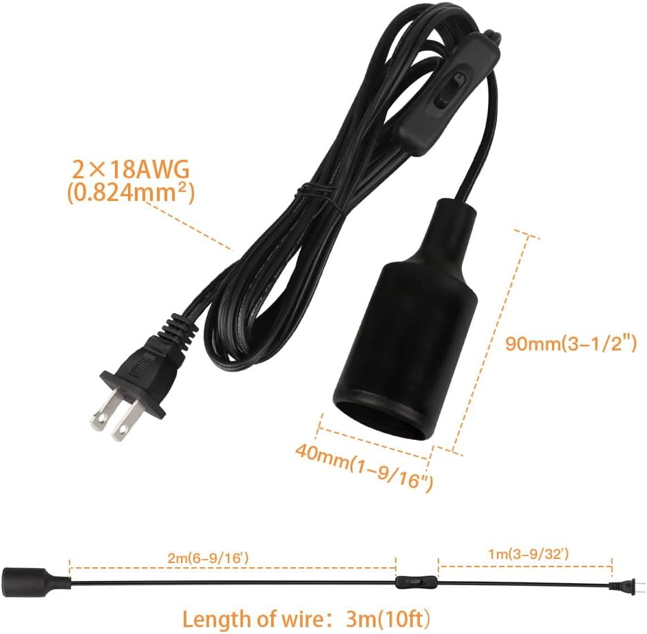 TRHOO-10 FT Hanging Light Socket with Cord, Black E26 Extension Cord ...