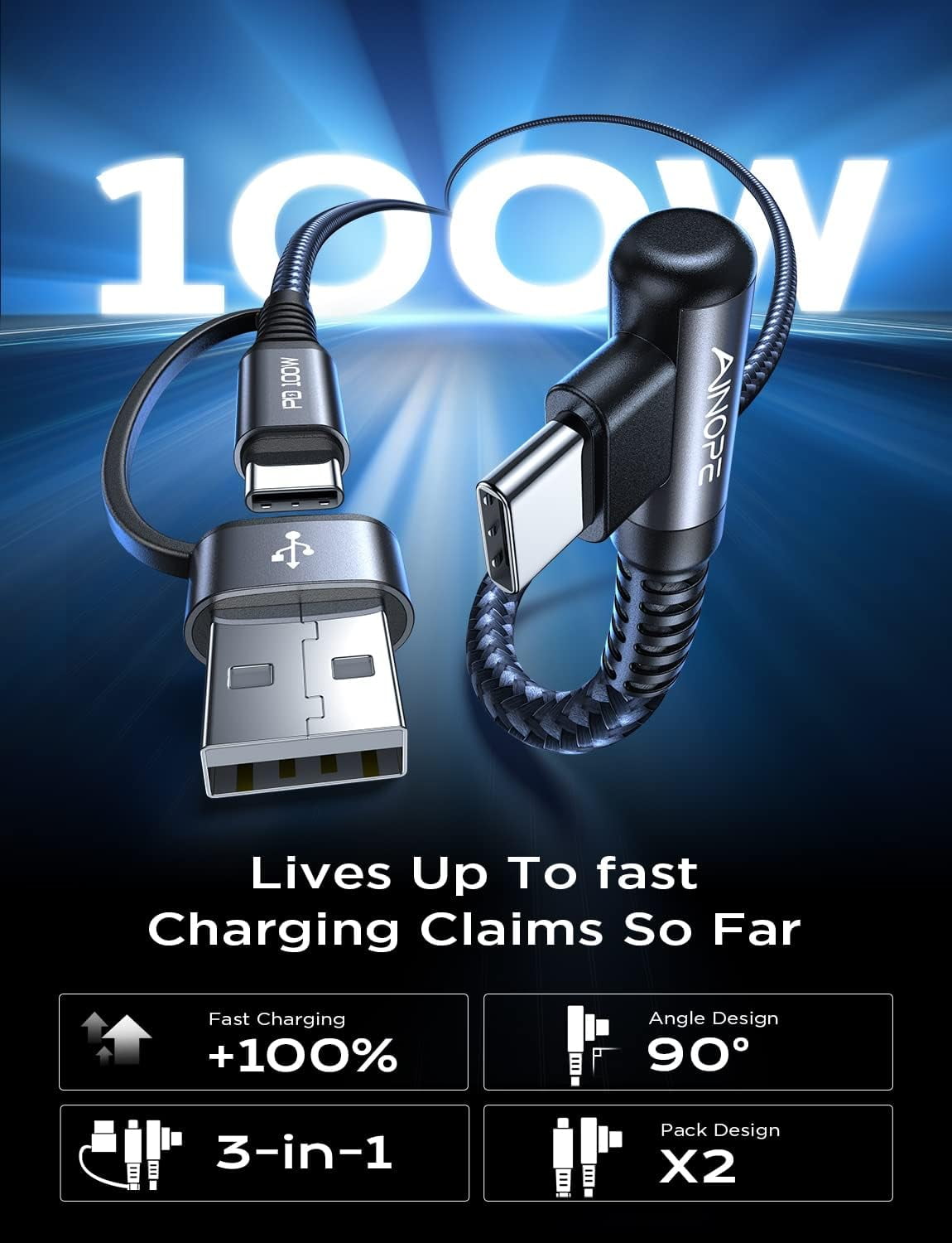 TRHOO-100W Long USB C Cable Multi 4 in 1 Charging Cable Fast Charging C ...