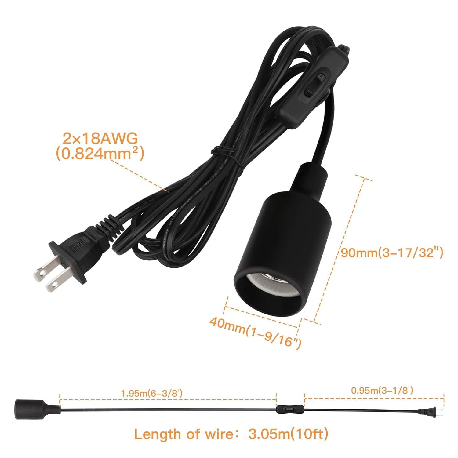 TRHOO-10ft Pendant Light Cord Socket, E26 Hanging Lamp Socket with ON ...