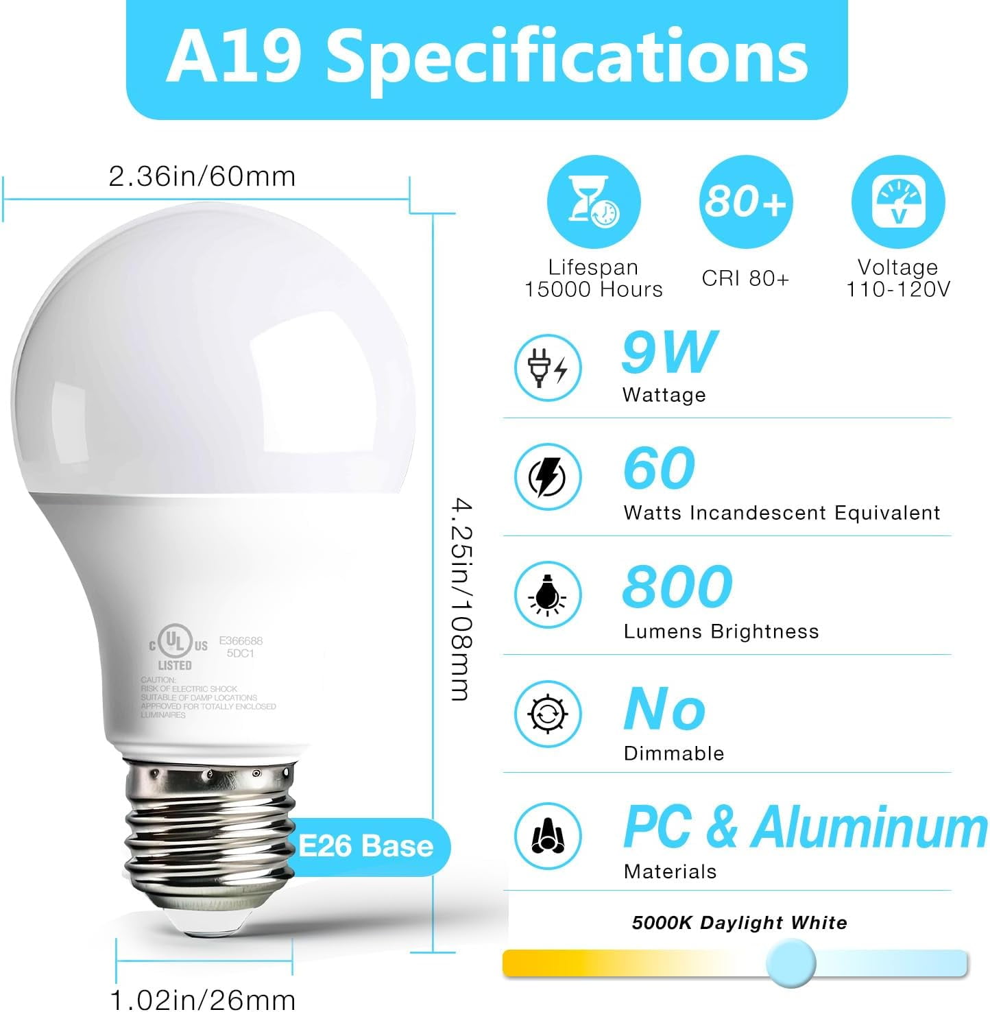 TRHOO-12 Pack A19 LED Bulbs, 9W Equivalent 60 Watts, E26 Base, 5000K Daylight White, 800 LM ...