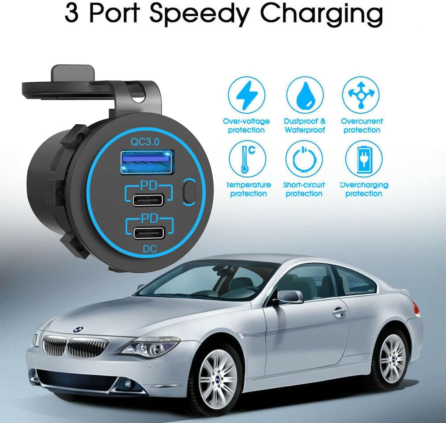 TRHOO-12v usb charger, PD 20W USB-C Power Socket and 18W QC3.0 Socket Waterproof Power Outlet ...