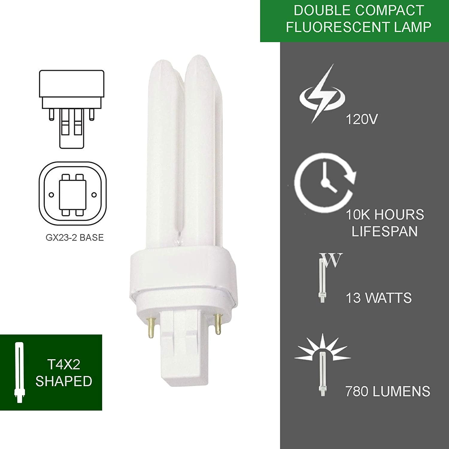 TRHOO-13 Watt CFL Light Bulbs 2 Pin GX23-2 Base 4100K Cool White 13W High Output 800 Lumens ...