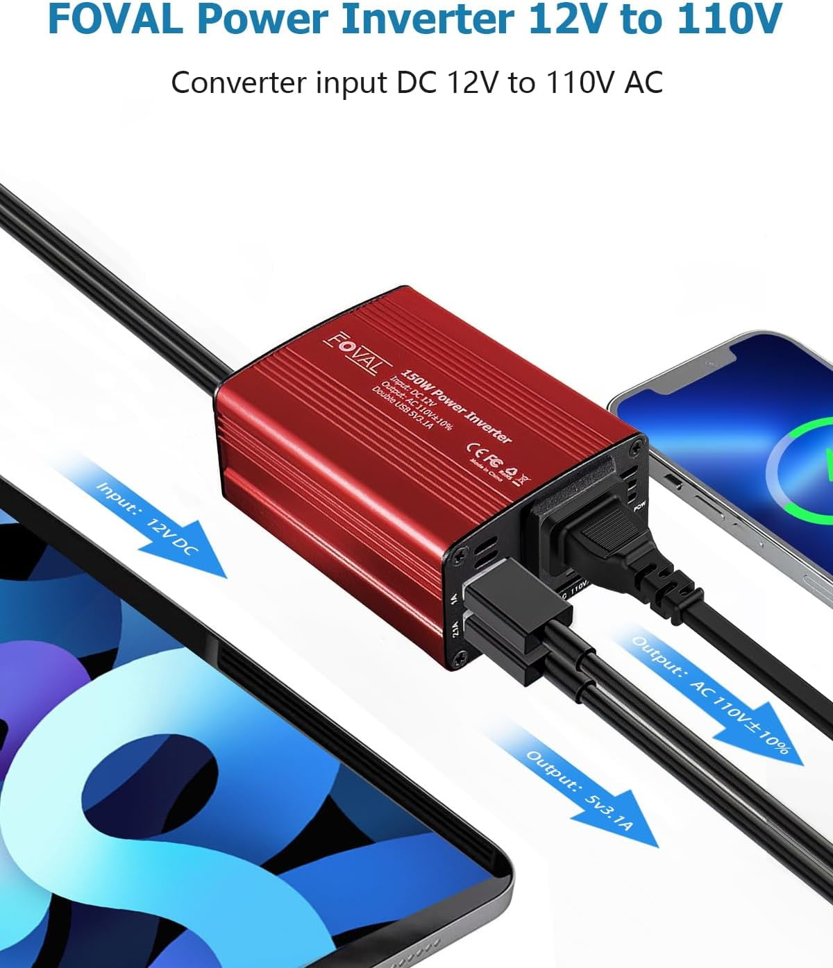 TRHOO-150W Car Power Inverter 12V DC to 110V AC Converter Vehicle ...