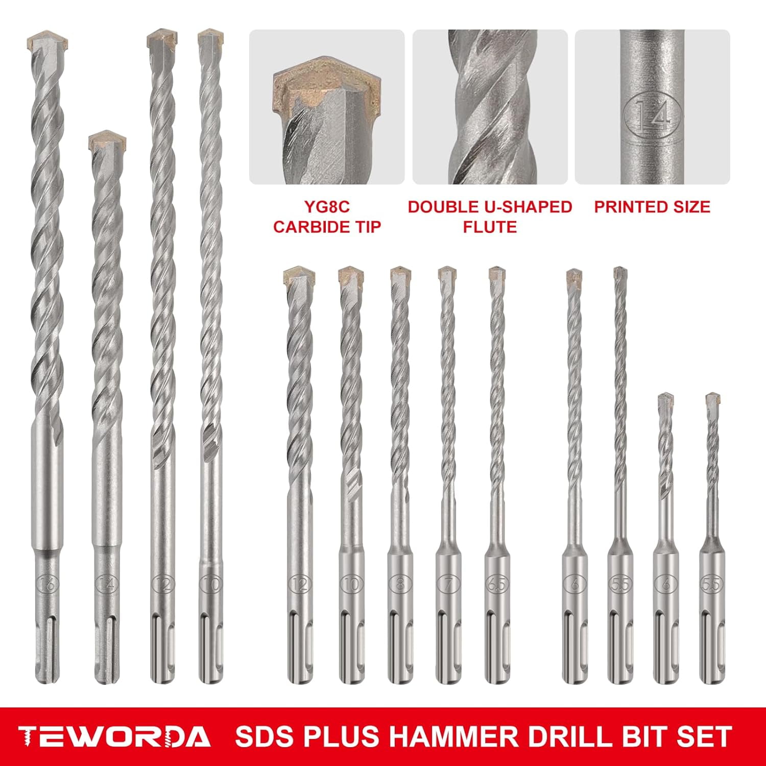 TRHOO-17PCS Rotary Hammer Drill Bits and Chisel Set for Impact Rotary ...