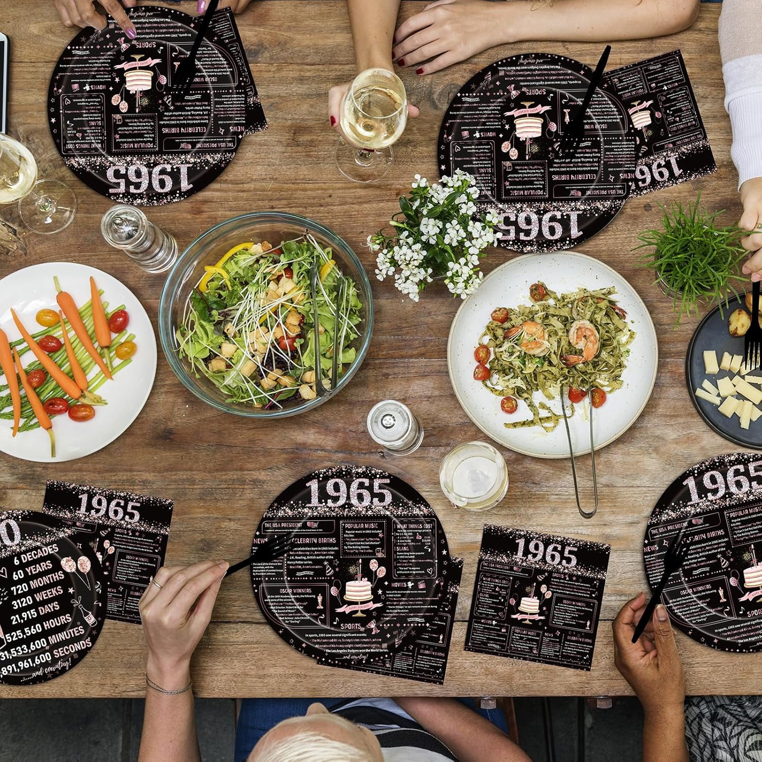 TRHOO-1965 60th Birthday Tableware - 96 Pcs Black Rose Gold 60 Years ...