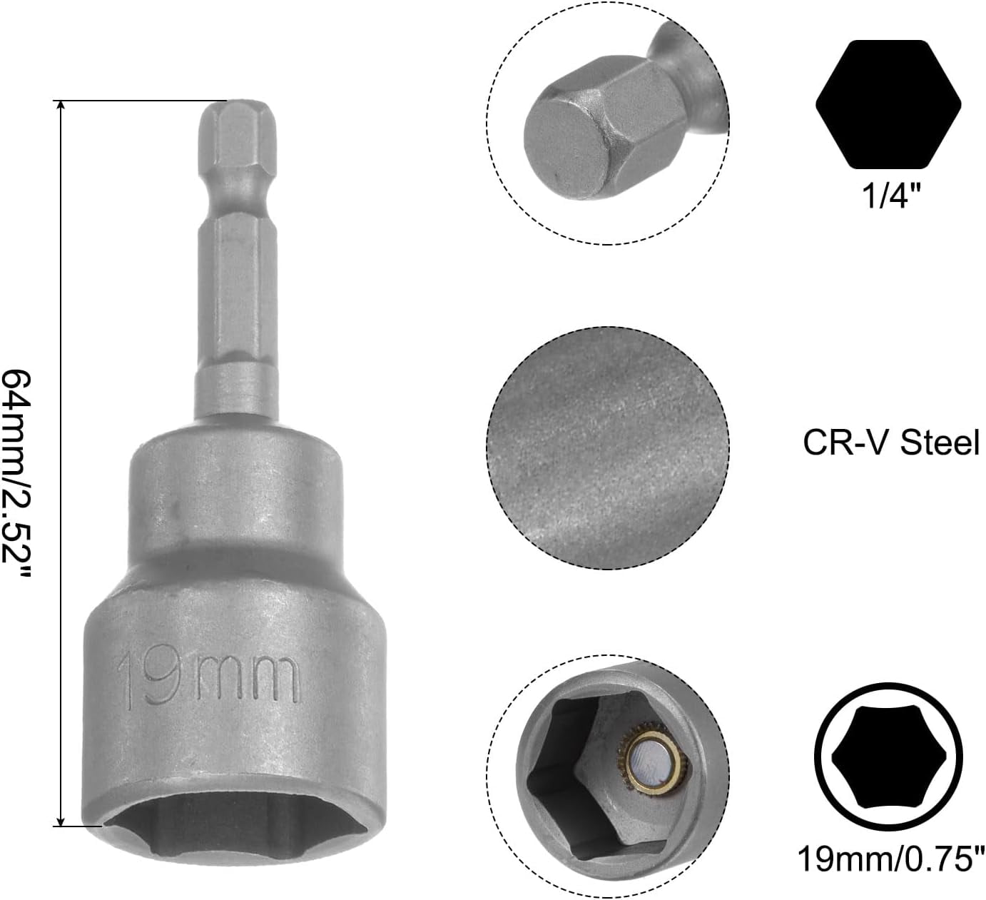 TRHOO-19mm Magnetic Hex Socket 64mm/2.52", 1/4" Hex Shank Magnetic ...