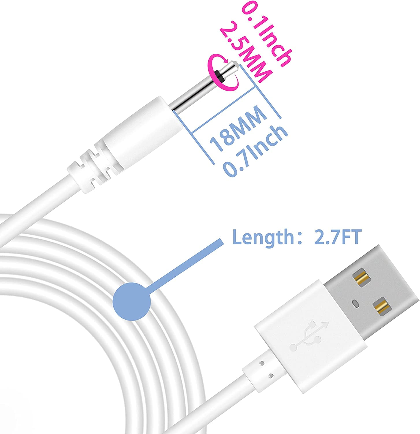 TRHOO-2.7Ft USB DC Charging Cable 2.5mm Fast Charger Replacement Cord ...
