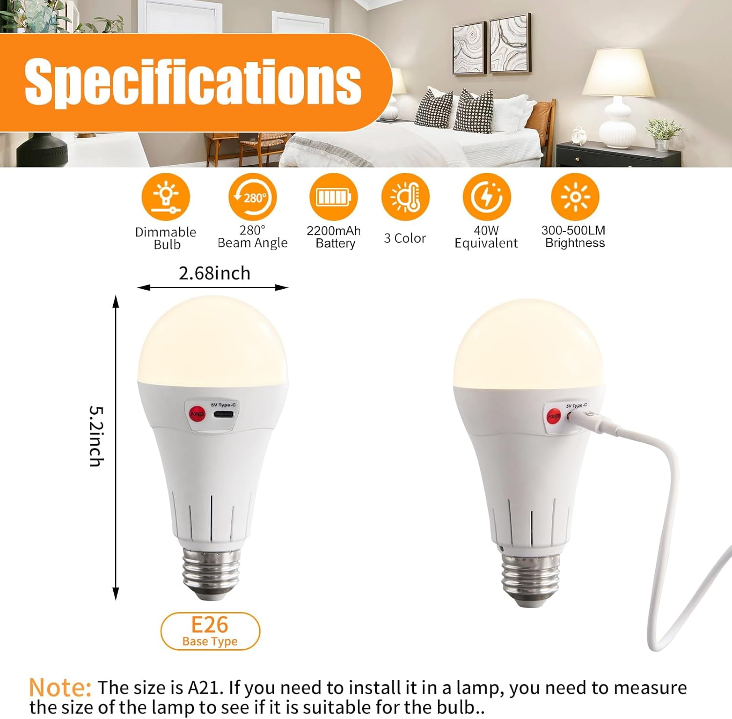 TRHOO-2 Pack Wireless Rechargeable Battery Operated Light Bulbs with Remote, Cordless E26 LED ...