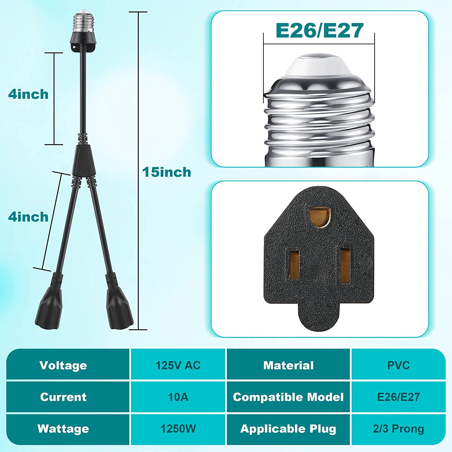 TRHOO-2 Pcs 2 in 1 Light Socket to Plug Adapter, Convert E26/E27 Bulb Socket to 2 Pieces 3 Prong ...