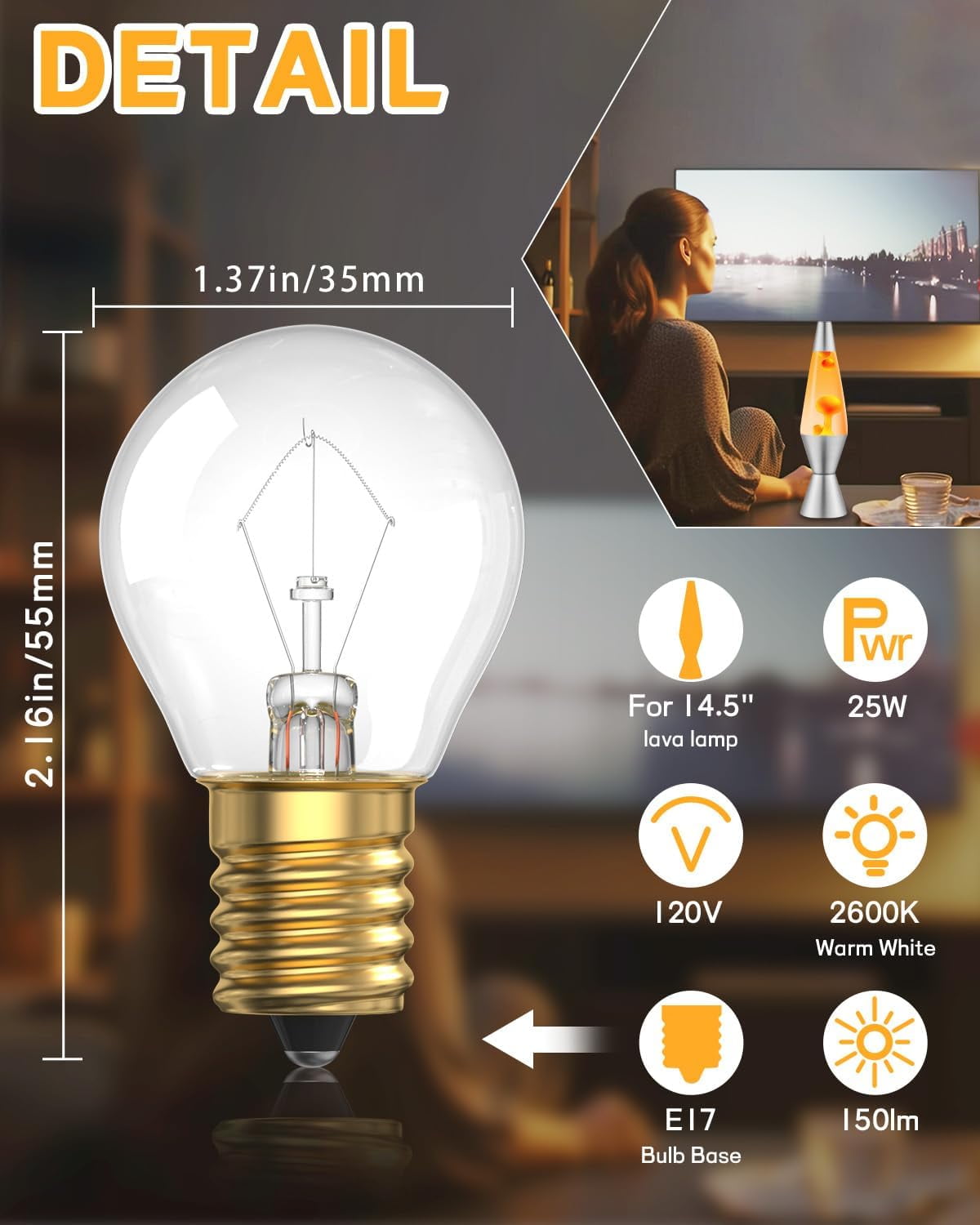 TRHOO-25W Lava Lamp Bulb, S11 E17 Base, 25W 120V for 14.5-Inch Lava Lamp Repalacement Bulb, Lava ...