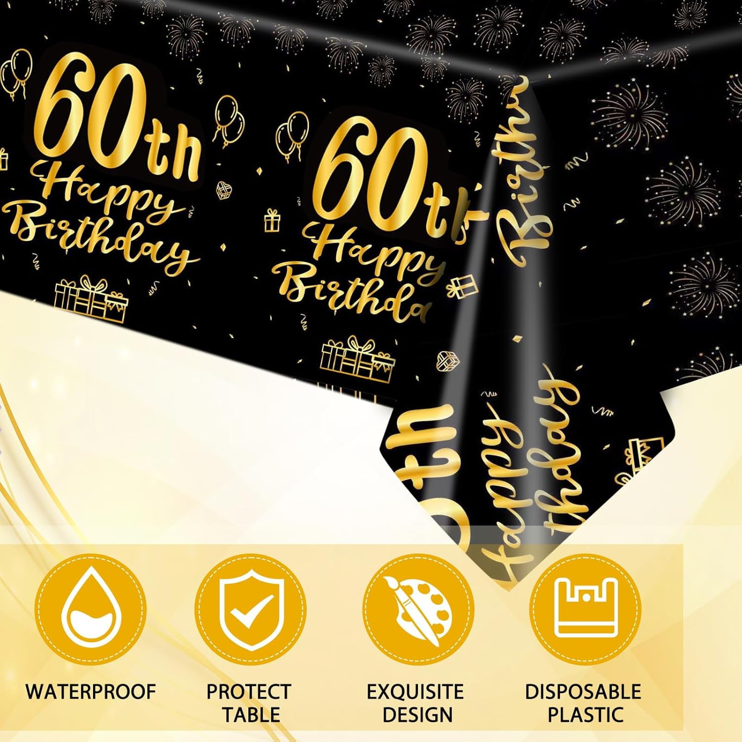 TRHOO-3 Pack 60th Birthday Tablecloth Happy Black and Gold Theme Disposable Plastic Rectangular ...