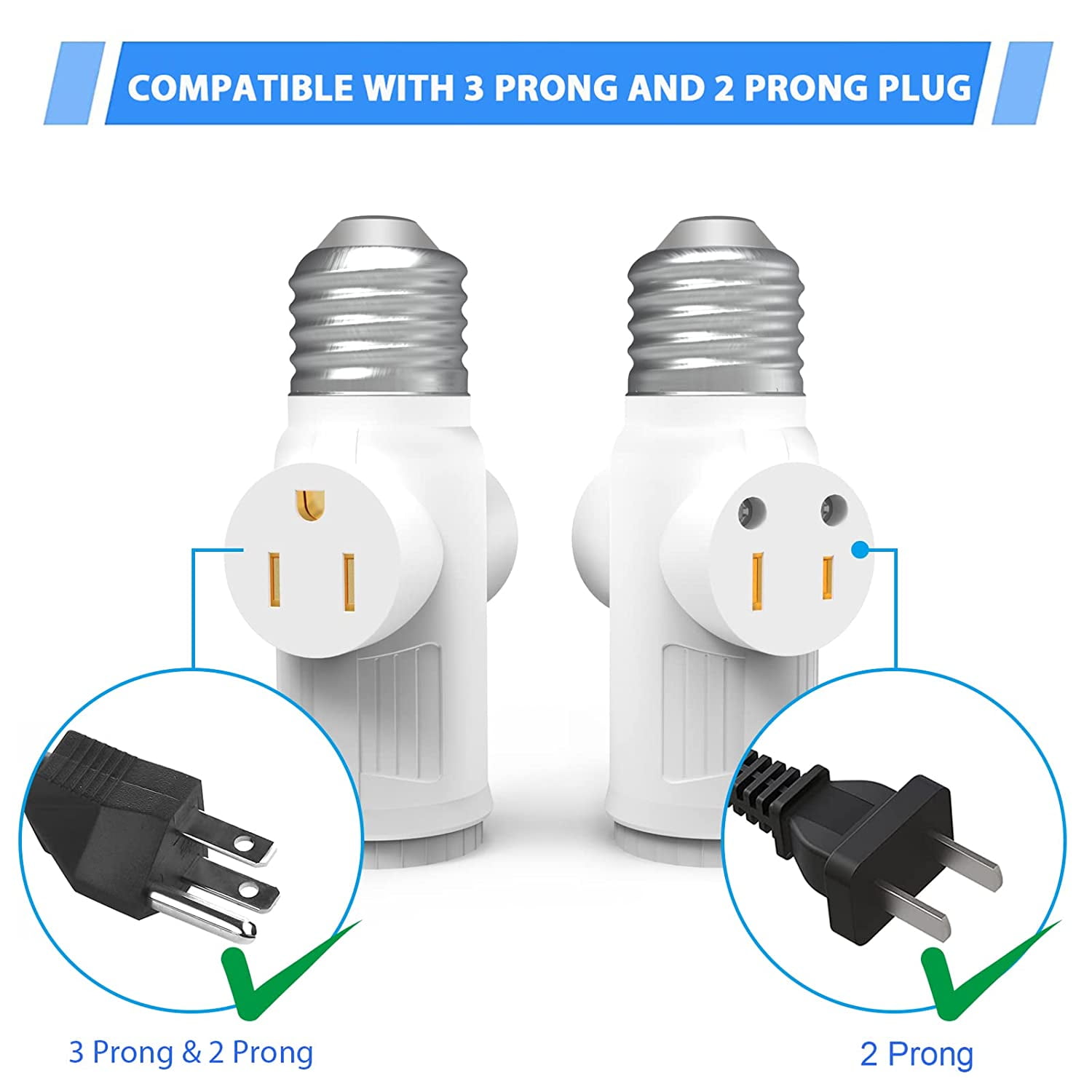 TRHOO-3 Prong Light Socket to Plug Adapter, E26/E27 Light Bulb Outlet ...