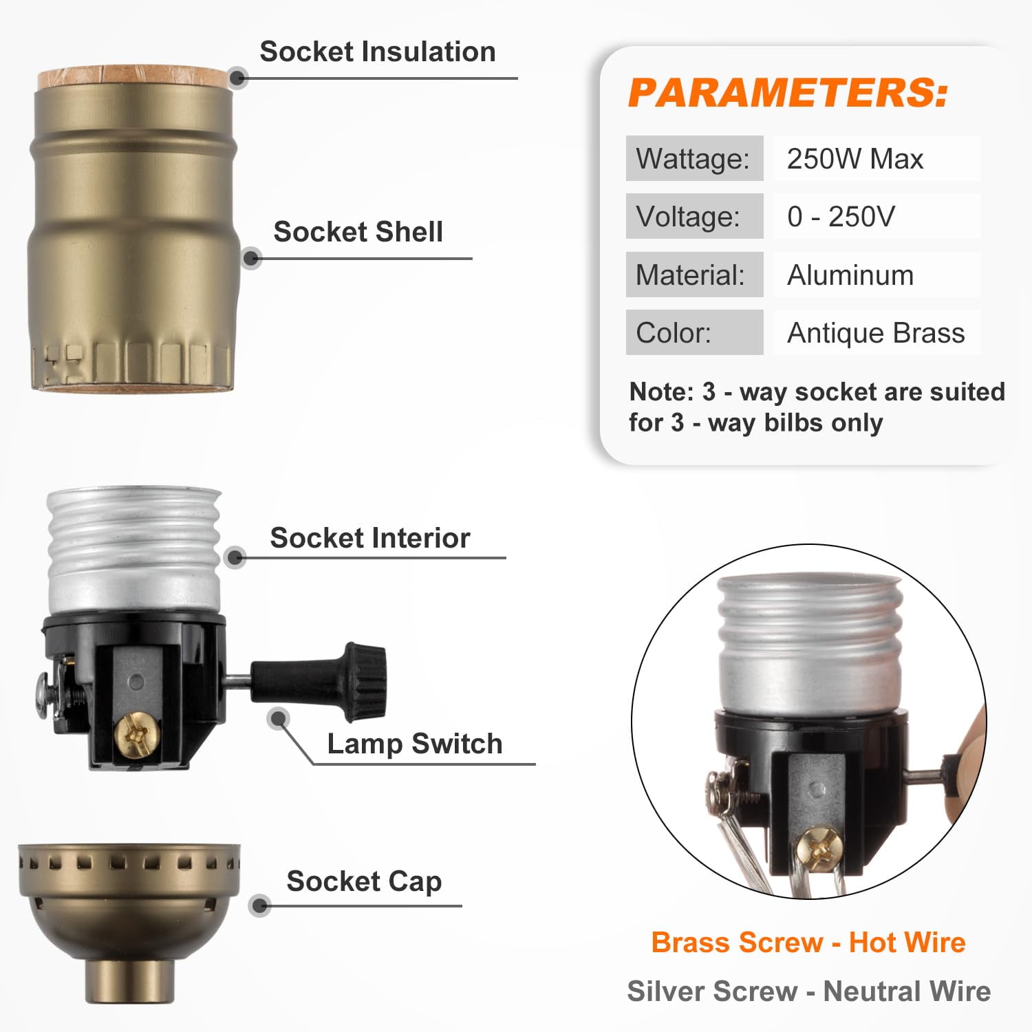 TRHOO-3 Way Lamp Socket Replacement, E26 Threaded Base, Turn Knob for ...