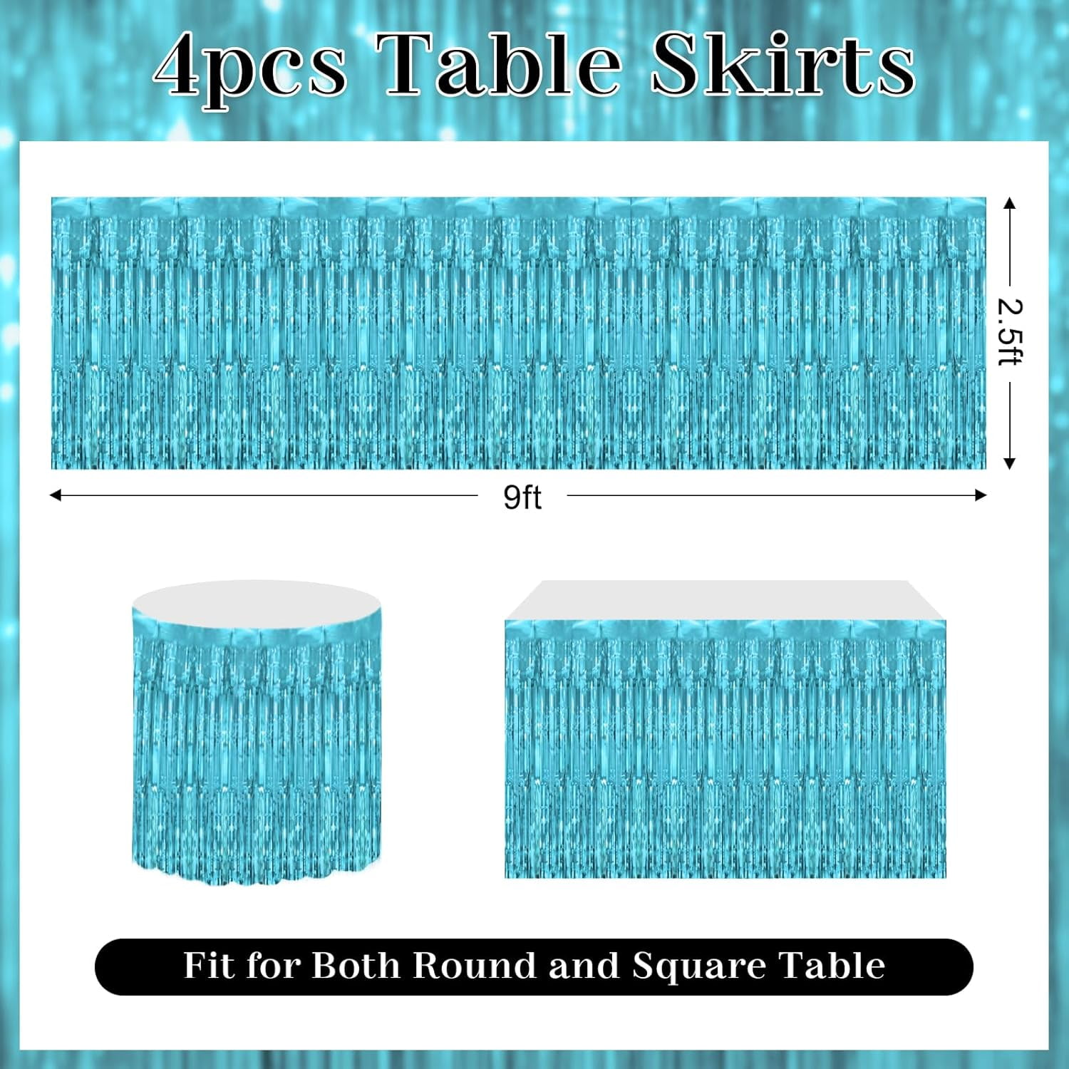 TRHOO-4 Packs Light Blue Table Skirts Metallic Foil Fringe Curtain Tinsel Table Skirt Streamer ...