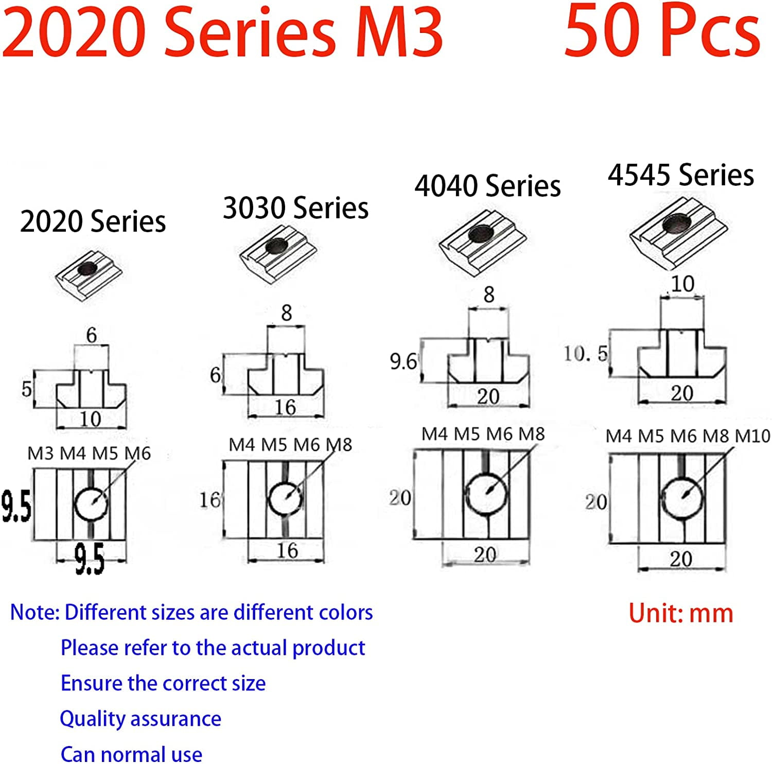 TRHOO-50Pcs 2020 Series T Sliding Nuts Hammer Nut Block Square Nuts M3 ...