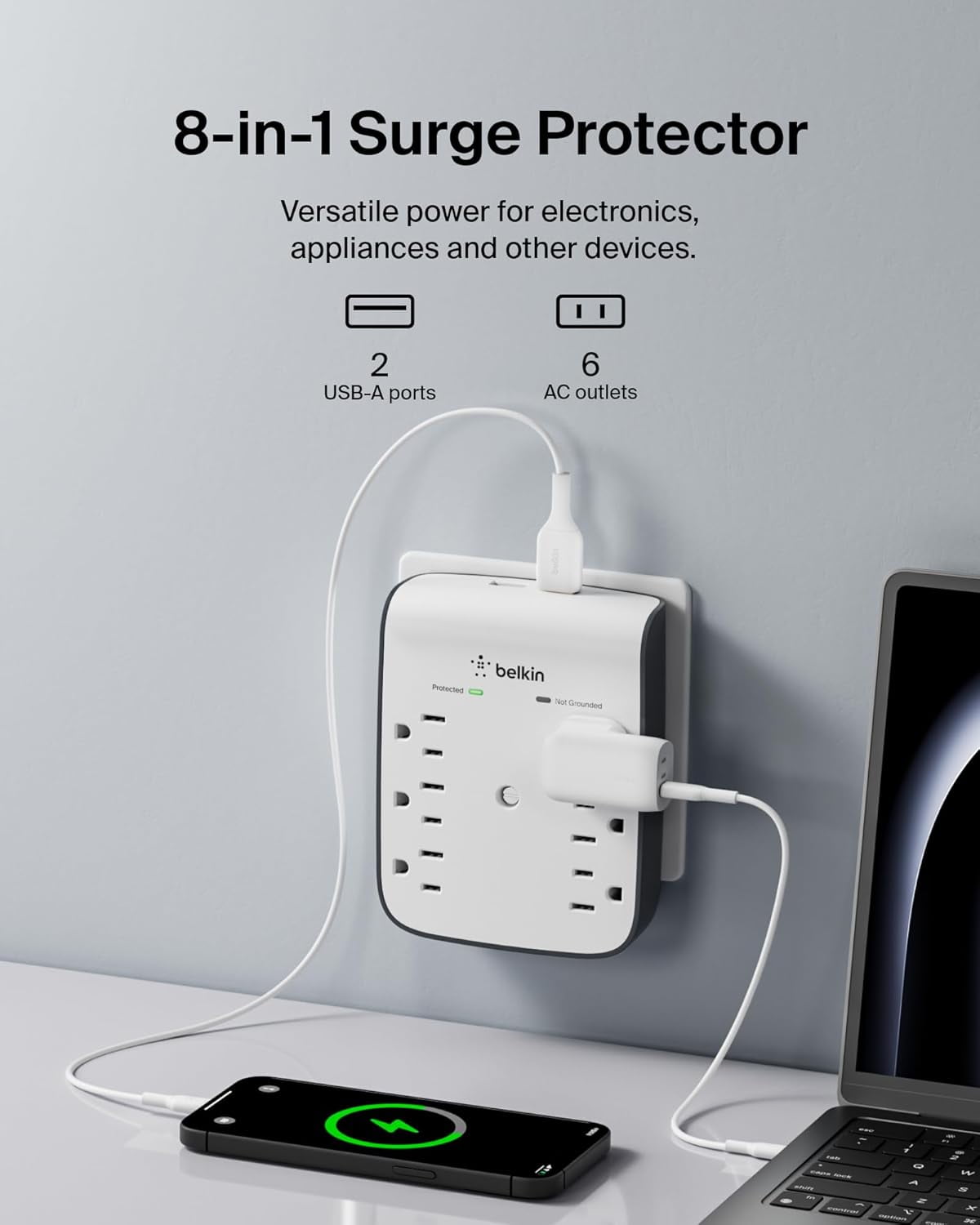 TRHOO-6-Outlet Wall Surge Protector w/ 2 USB-A Ports, Wall-Mountable ...