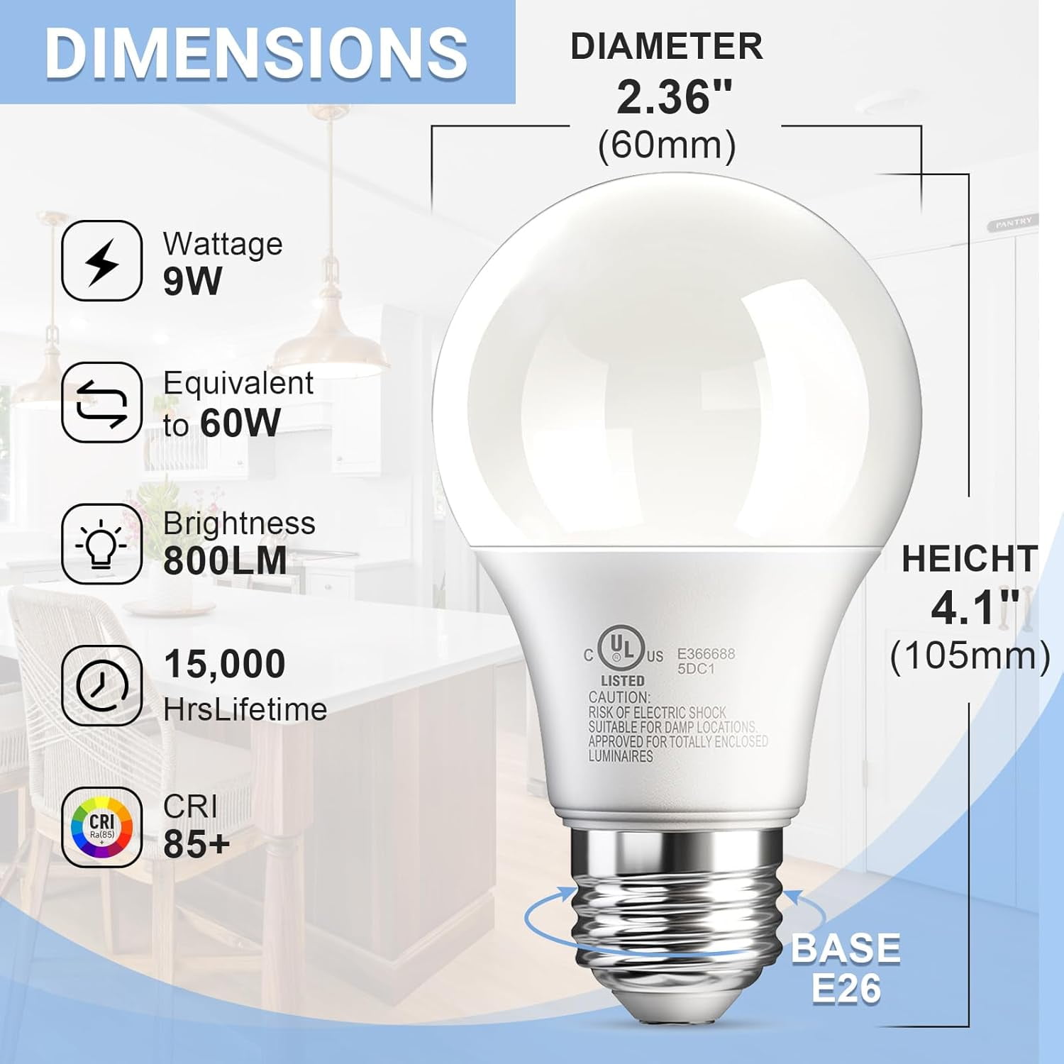 TRHOO-6 Pack A19 LED Light Bulbs, Daylight 5000K, 60W Equivalent,Efficient 9W, 800 Lumens, E26 ...