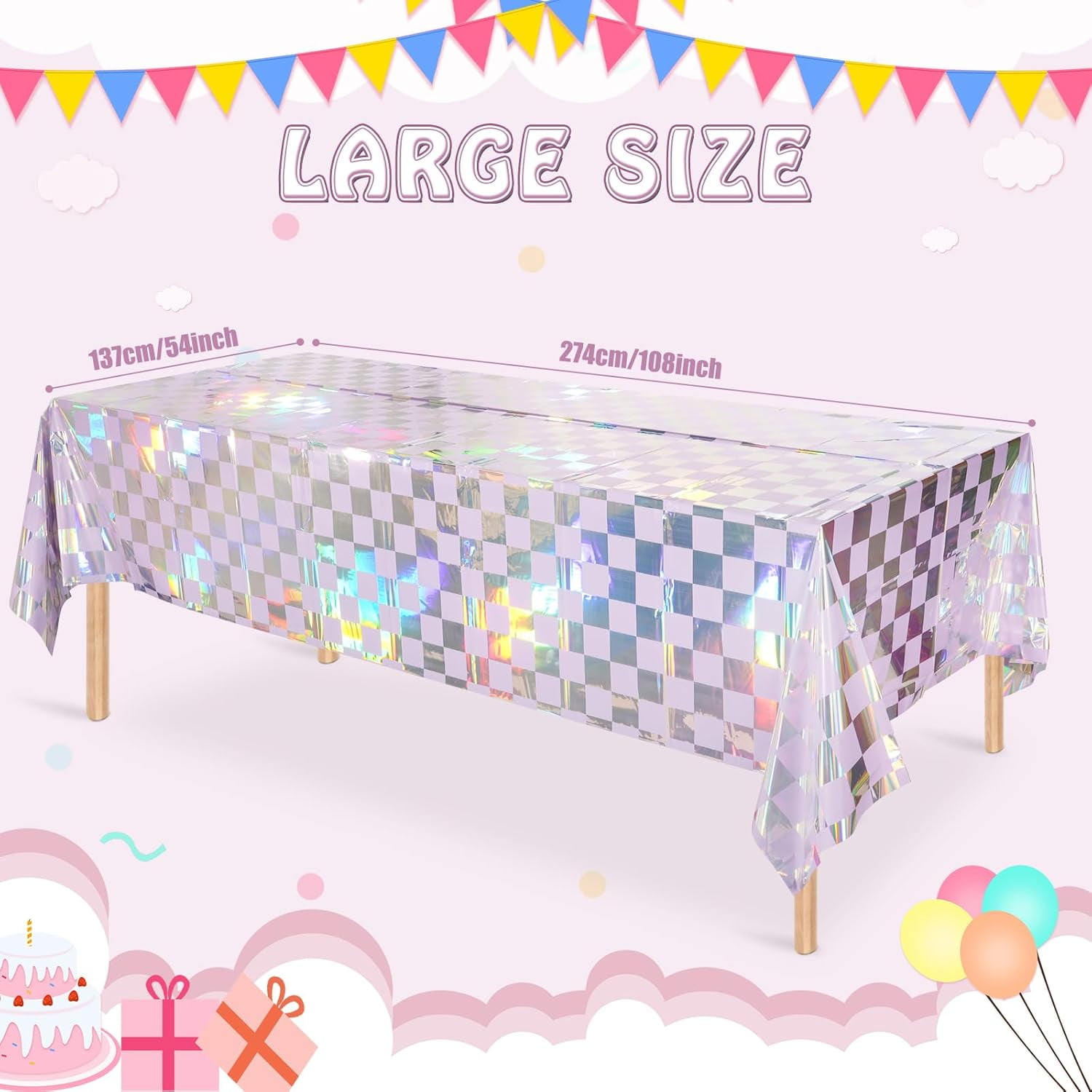 TRHOO-6Pack Iridescent Checkered and Purple Plastic Tablecloths Shiny ...