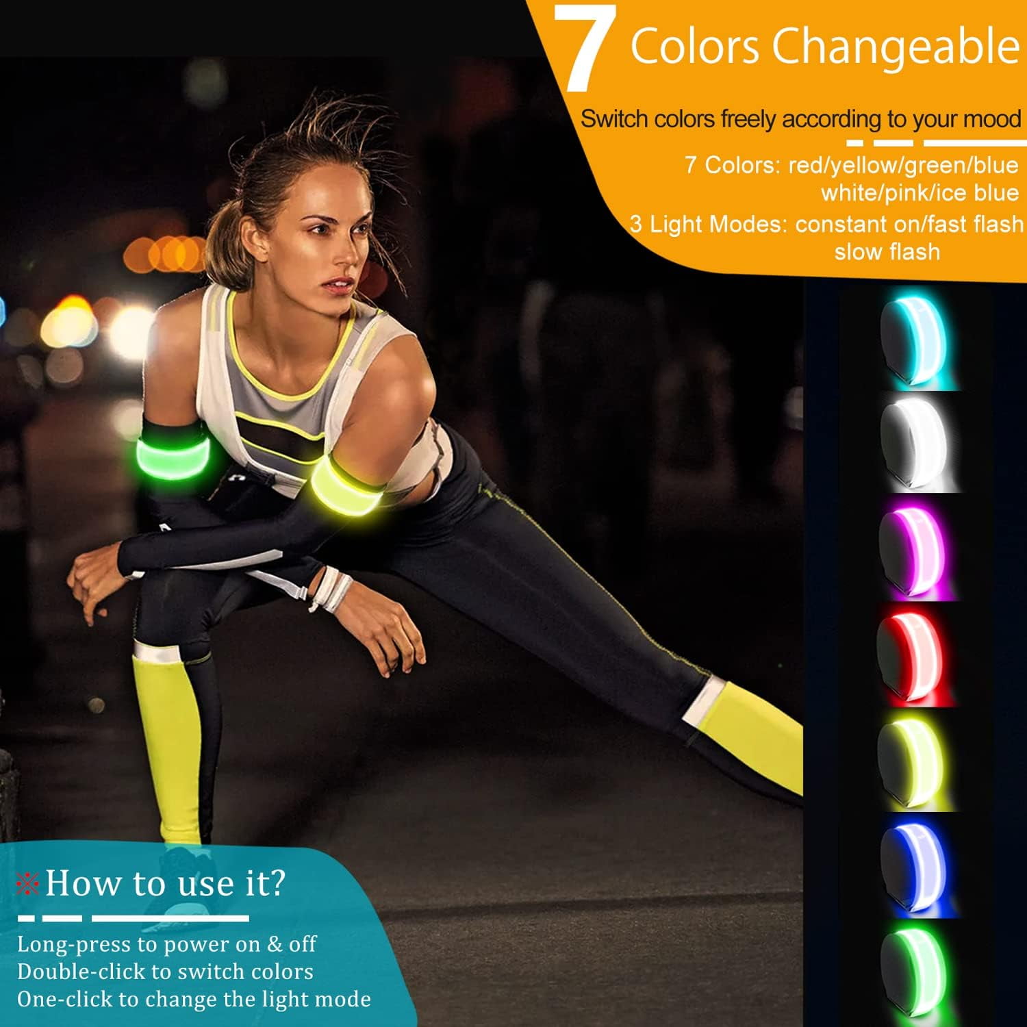 TRHOO-7 Lights Colors Rechargeable LED Armband, 360° Reflective Running ...
