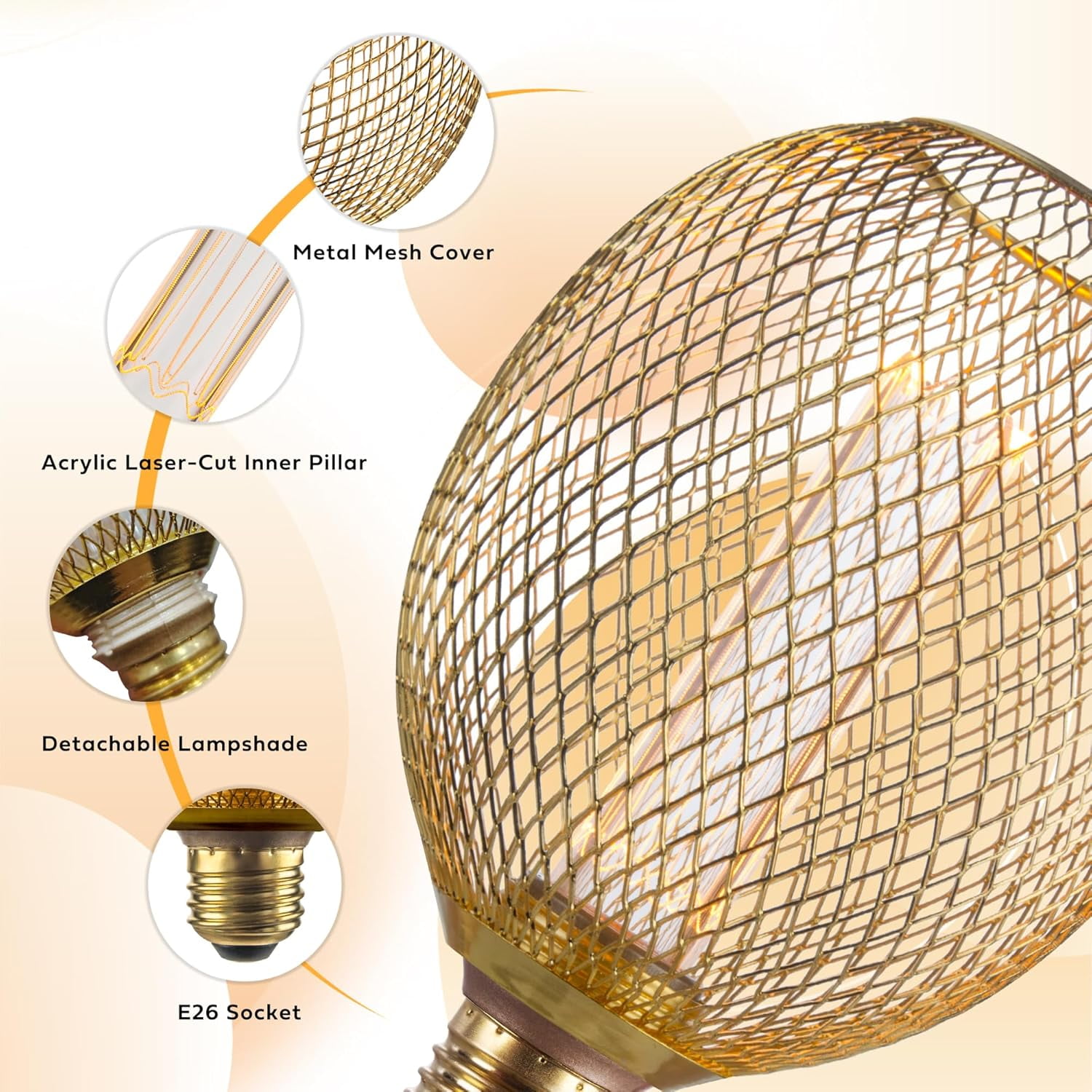 TRHOO-Decorative LED Light Bulb, Golden Metal Mesh Cover, E26 Medium ...