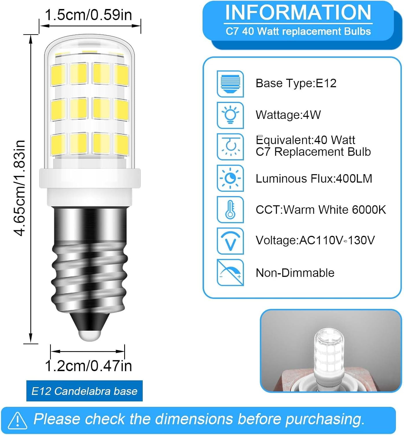 TRHOO-E12 LED Bulb 40w Replacement Type B LED Candelabra Bulbs C7, Daylight White 6000K, E12 4W ...