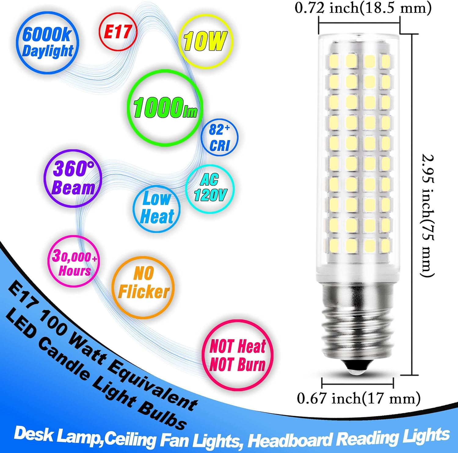 TRHOO-E17 LED Light Bulb 10 Watt Equivalent 100W 6000K Daylight White 1000lm 120V E17 ...