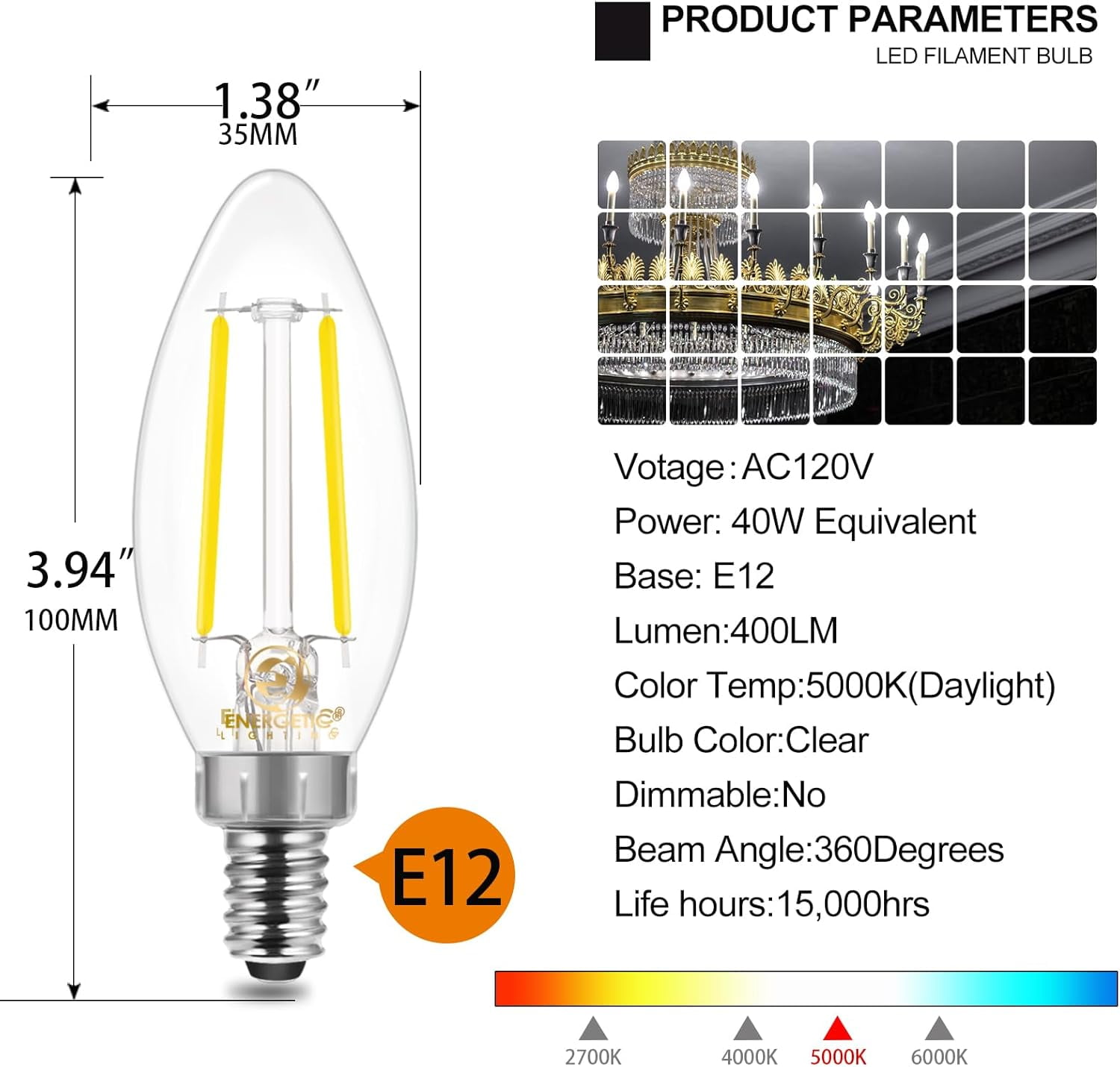 TRHOO-Energetic E12 LED Classic Candelabra Clear Light Bulb, 4W, Equivalent 40W, 400 Lumens ...