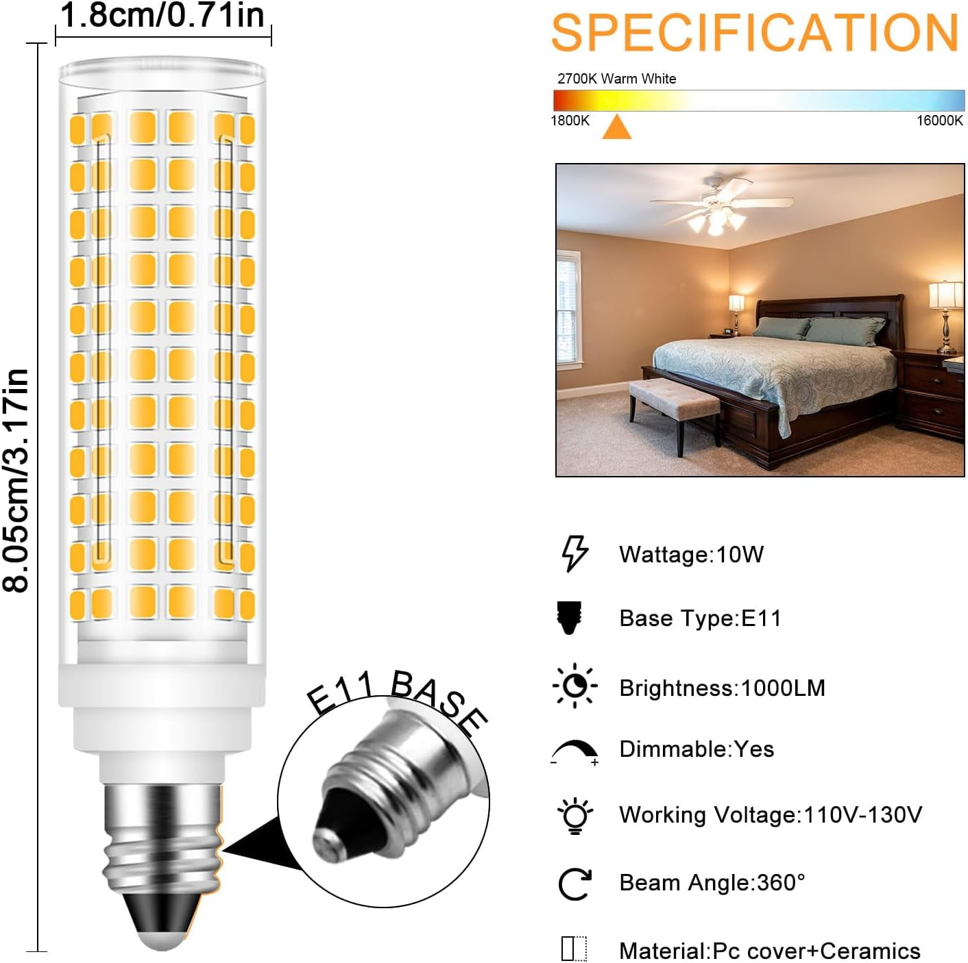 TRHOO-JDE11 LED Bulb 100W Halogen Bulbs Equivalent,T4 Mini Candelabra E11 LED Bulb Dimmable,Warm ...