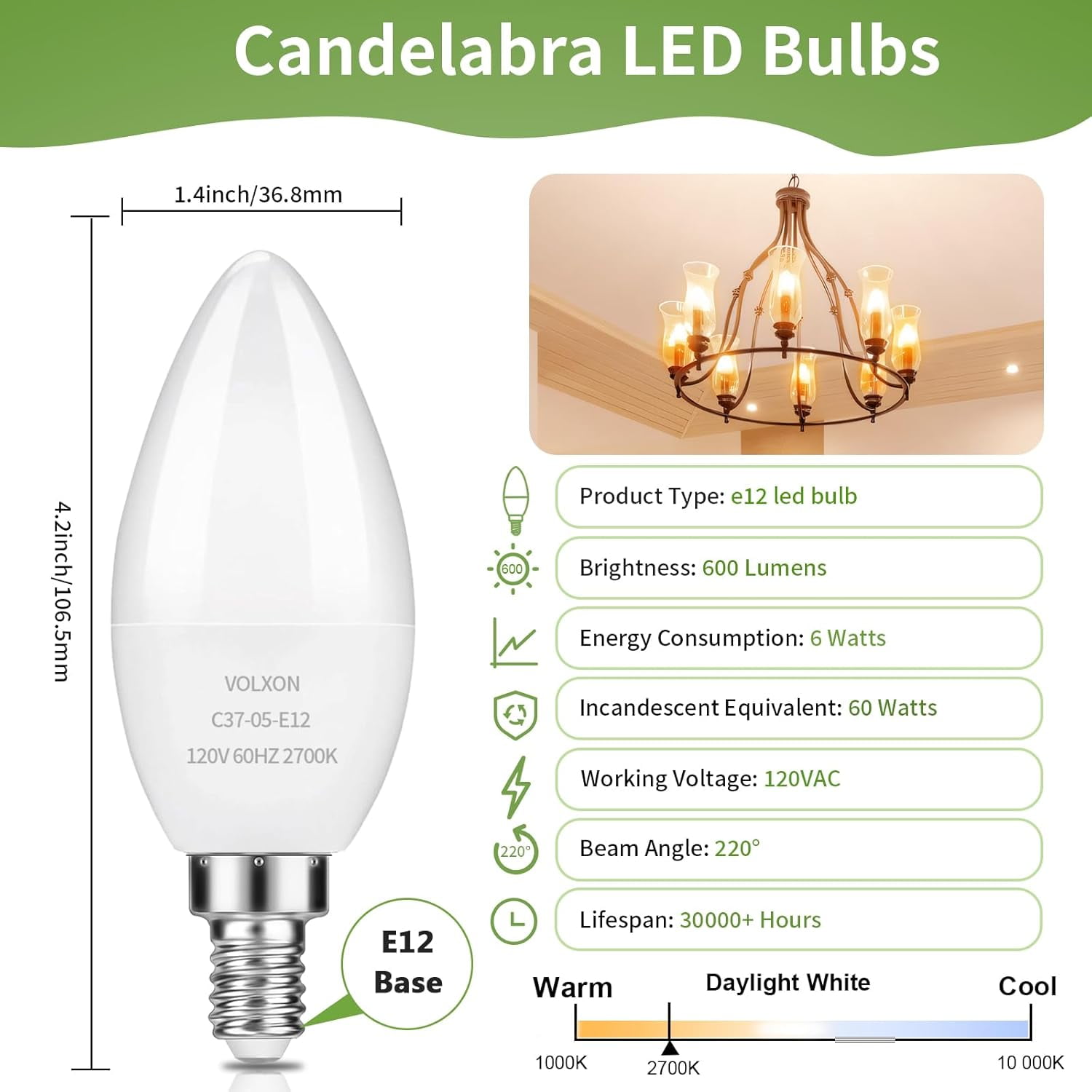 TRHOO-LED Candelabra Bulbs, E12 Ceiling Fan Light Bulbs Small Base, 6W ...
