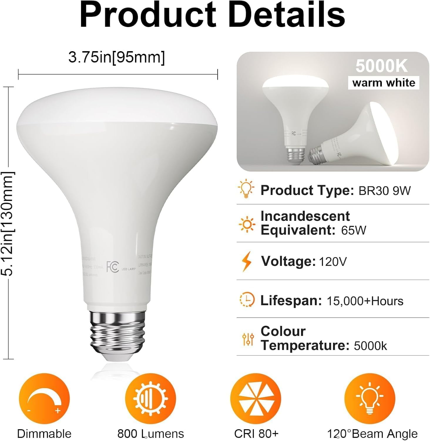 TRHOO-LED Flood Light Bulb Indoor, Dimmable BR30 Recessed Can Light Bulbs, 65 Watt Equivalent ...