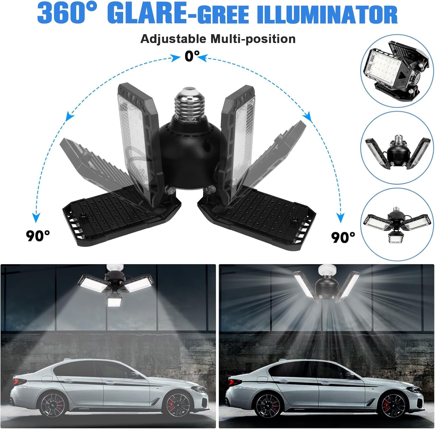 TRHOO-LED Garage Lights Bulb 1 Pack -80W, 8000LM 6500K Led Shop Light with 3 Deformable Panels ...