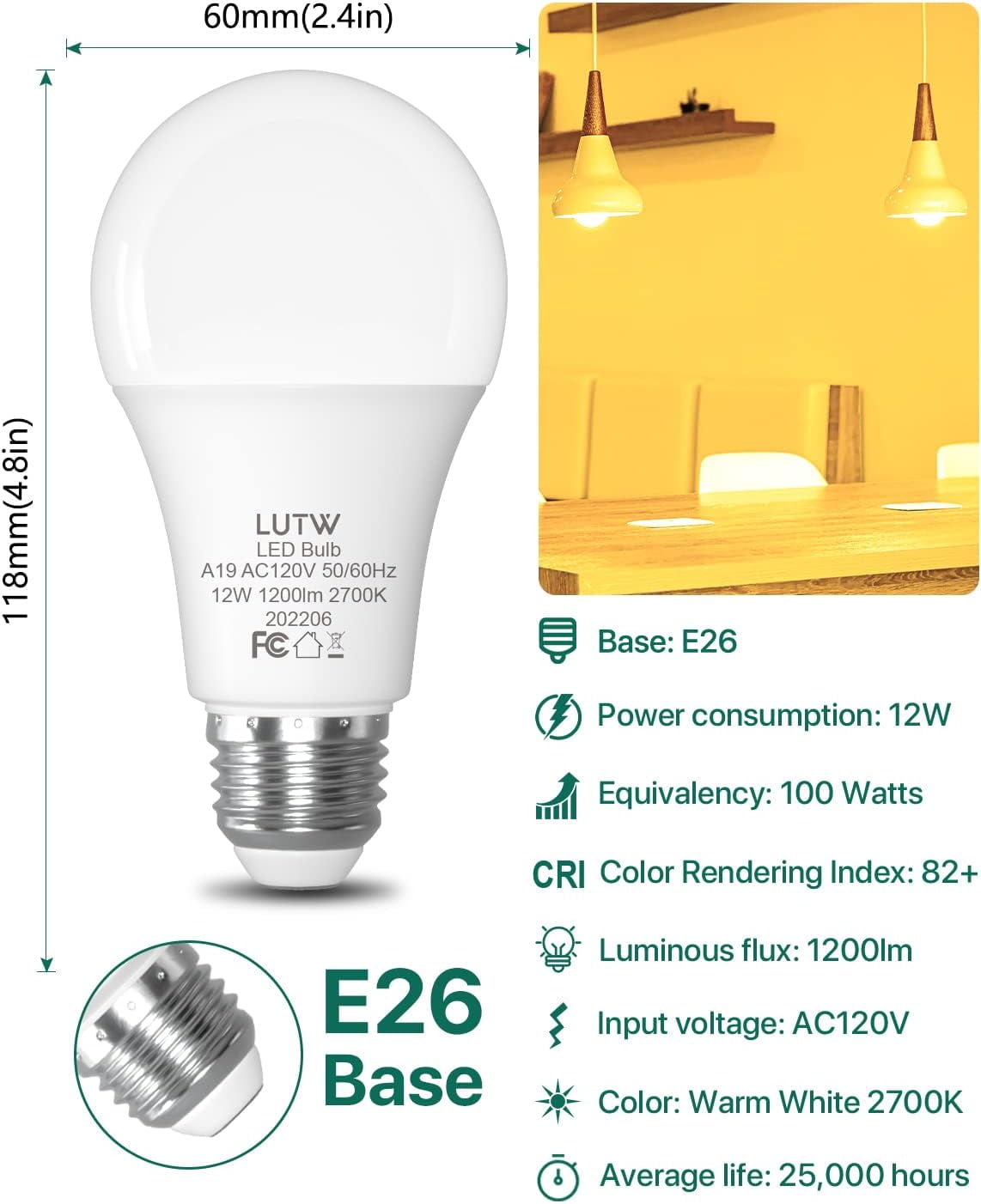 TRHOO-LED Light Bulbs 100 Watts Equivalent, 1200 Lumen Standard LED ...