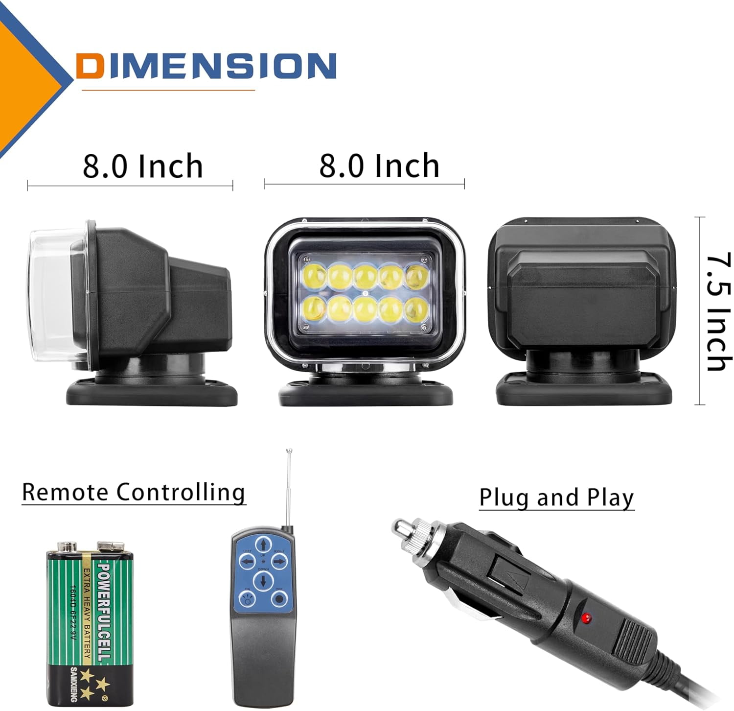 TRHOO-LED Spotlight for Truck, Remote Control LED Search Light 50W ...